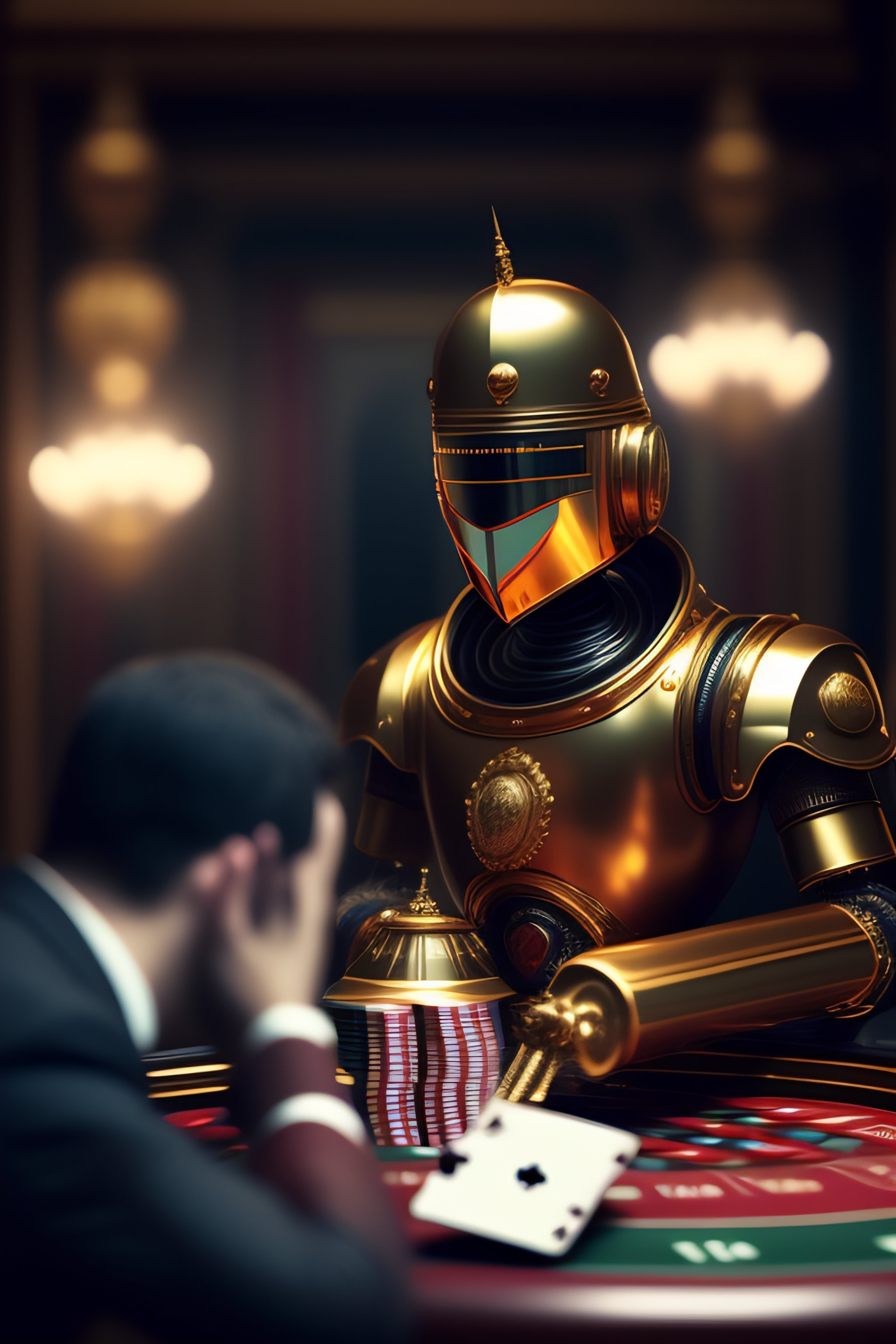 Lexica - Card dealer robot At a poker table frontview royalist style