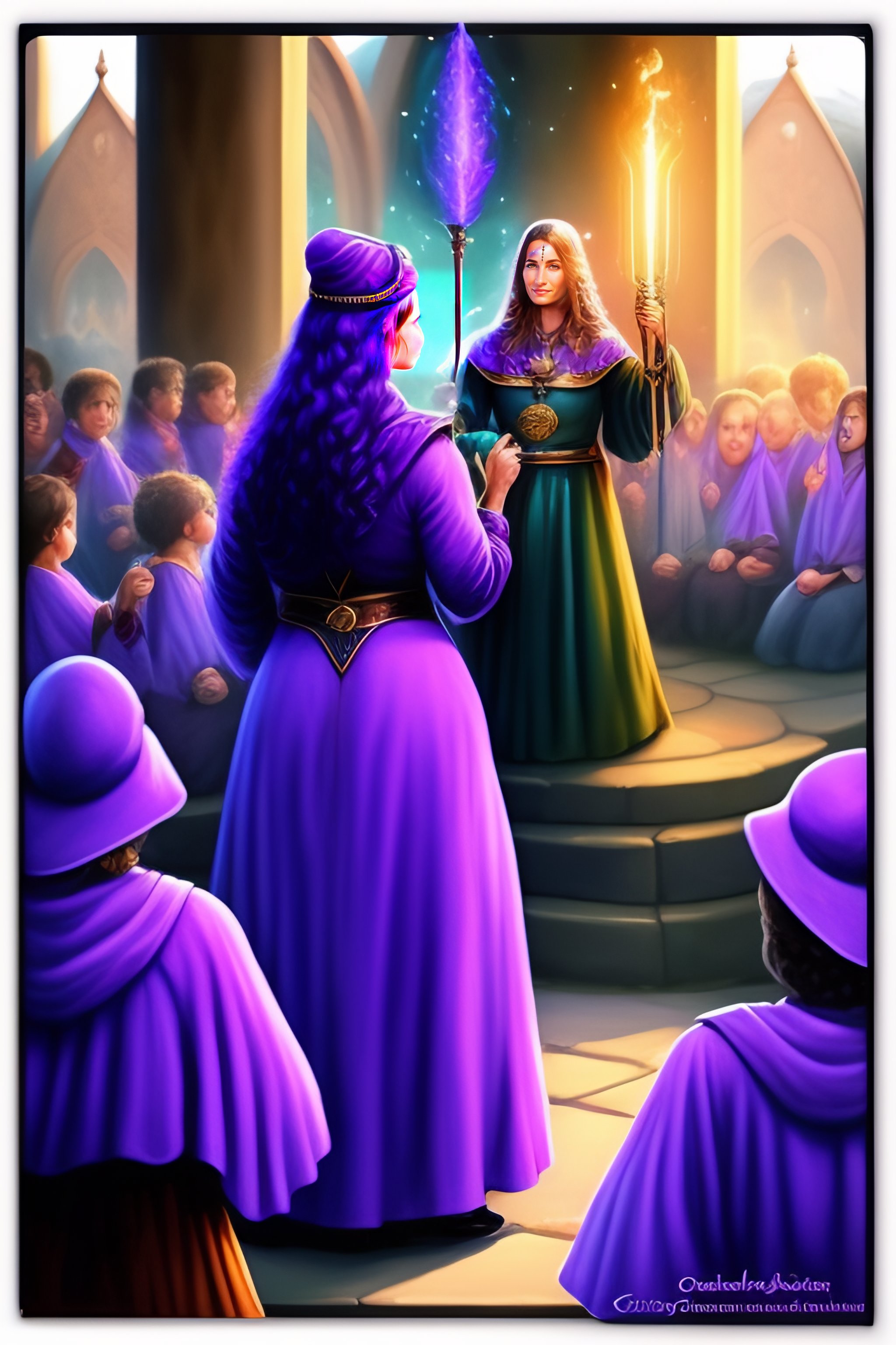 Lexica - A female wizard in purple teaching a magic class to students ...
