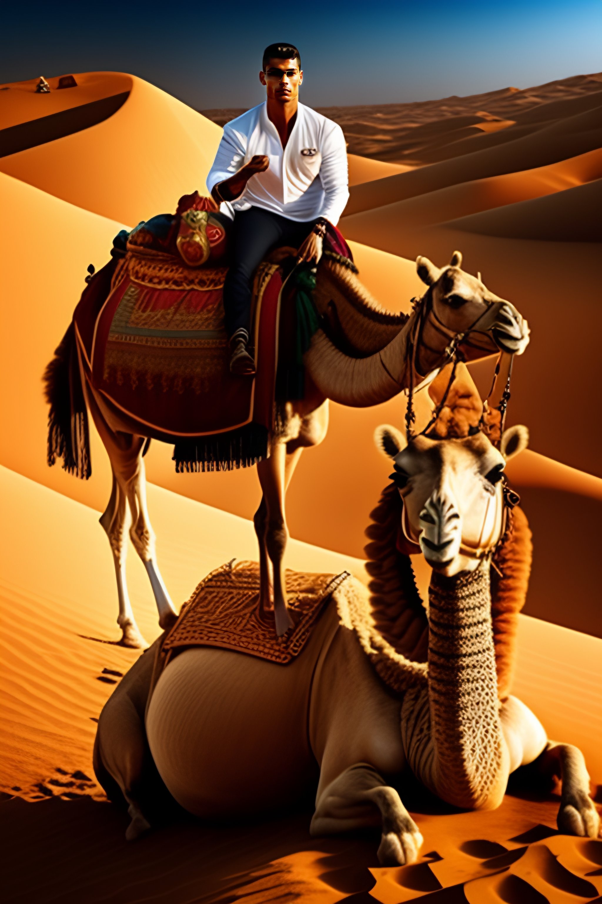 Lexica - King Cristiano Ronaldo on a camel with a rob