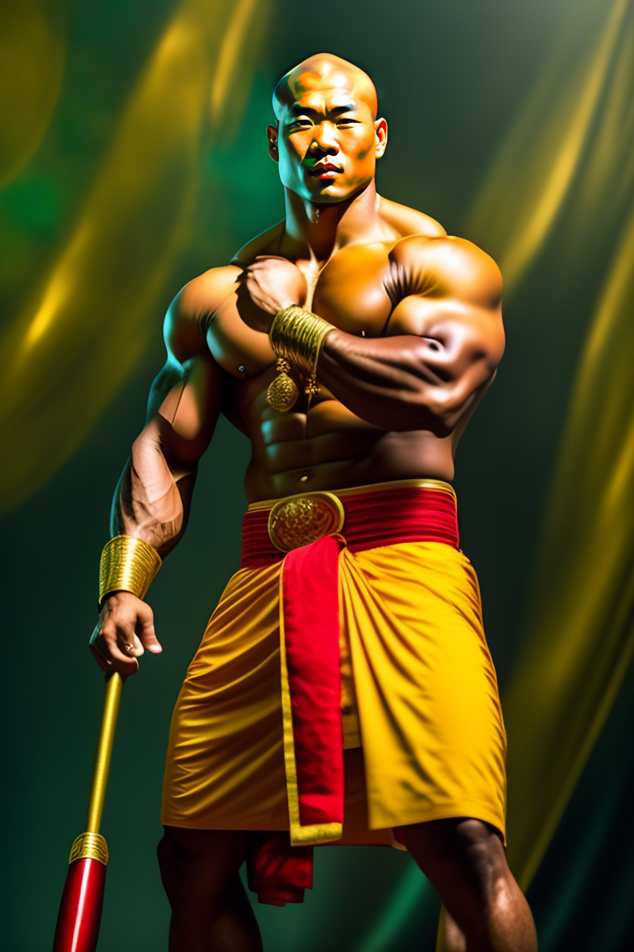Lexica - Asian monk with bulging muscles and green and gold cloth pants ...