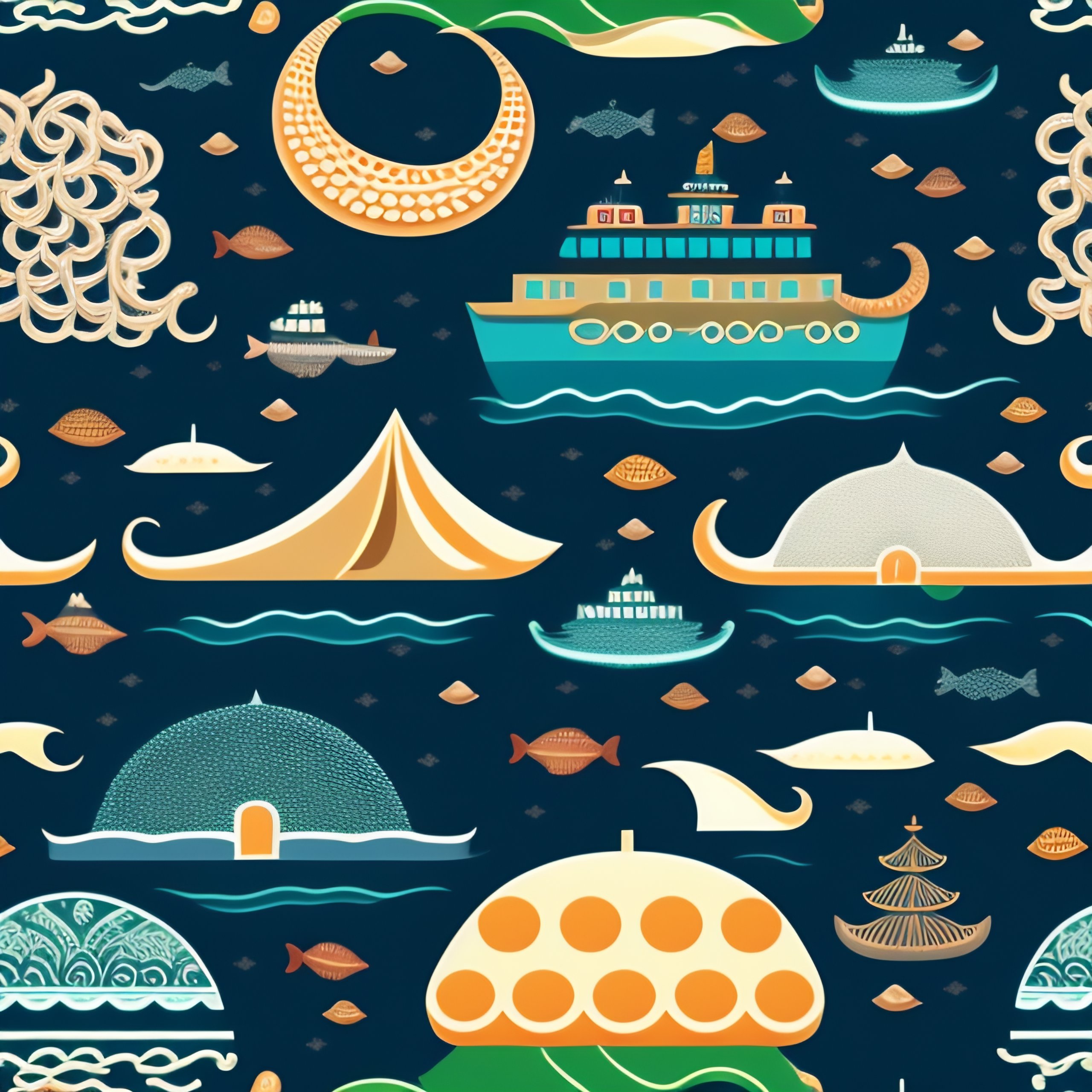 Lexica - Seamless pattern, kraken and sea creatures