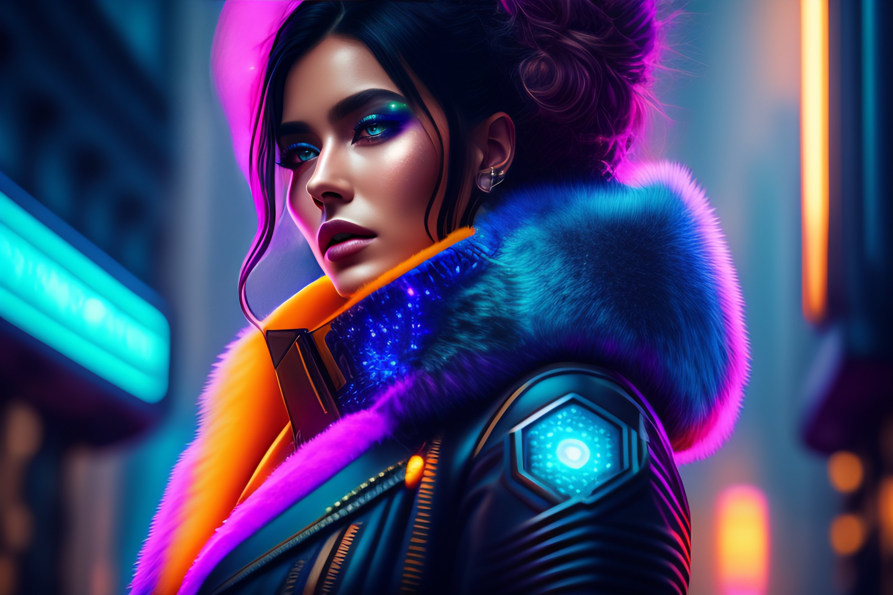 Lexica - Beautiful sci-fi girl from future wearing furry coat pink blue ...