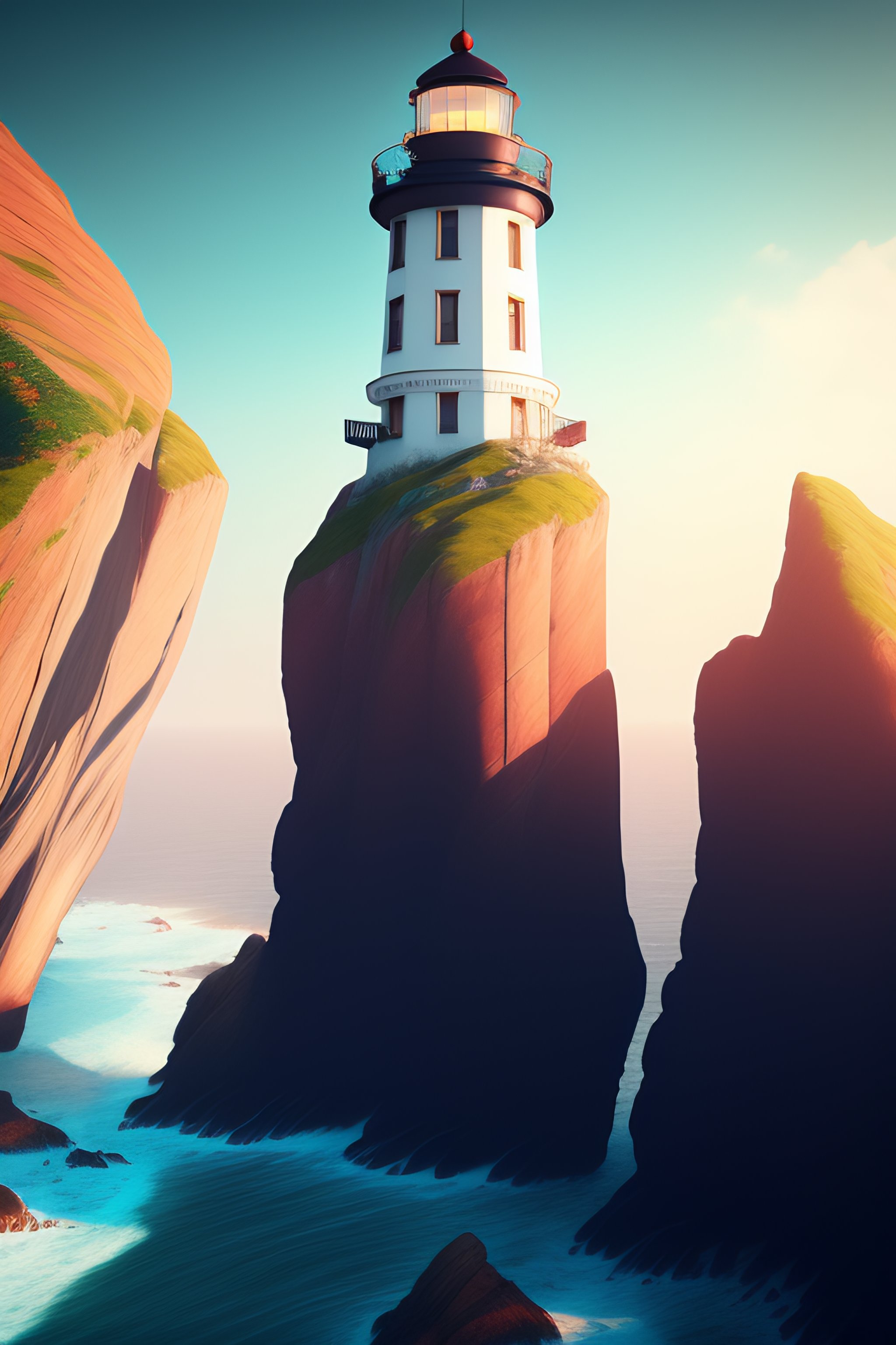 Lexica - Painting lighthouse on the edge of a cliff overseeing a vast ...