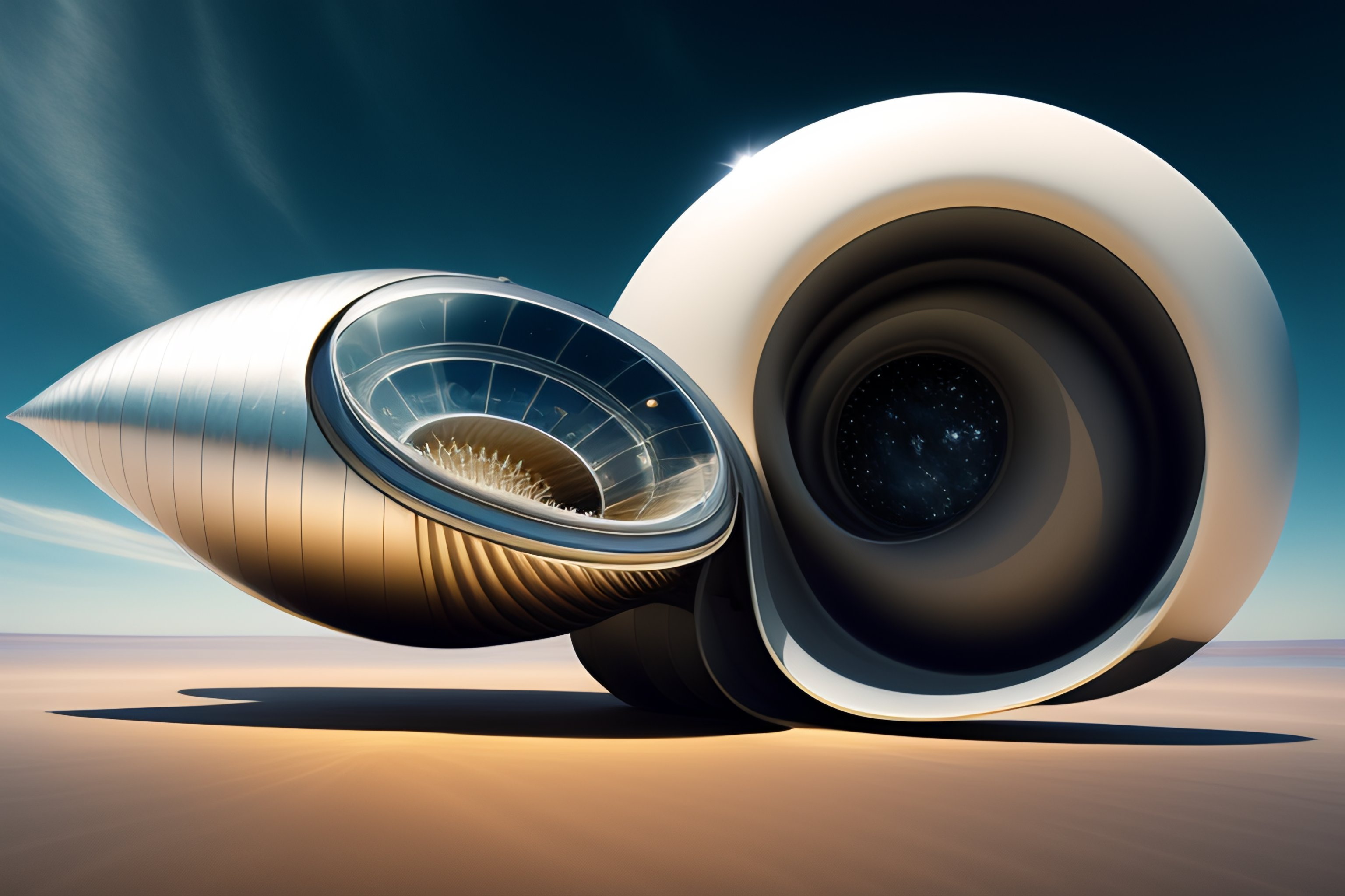 Lexica - Silver nautilus shell is a spaceship, it is flying, we can see ...