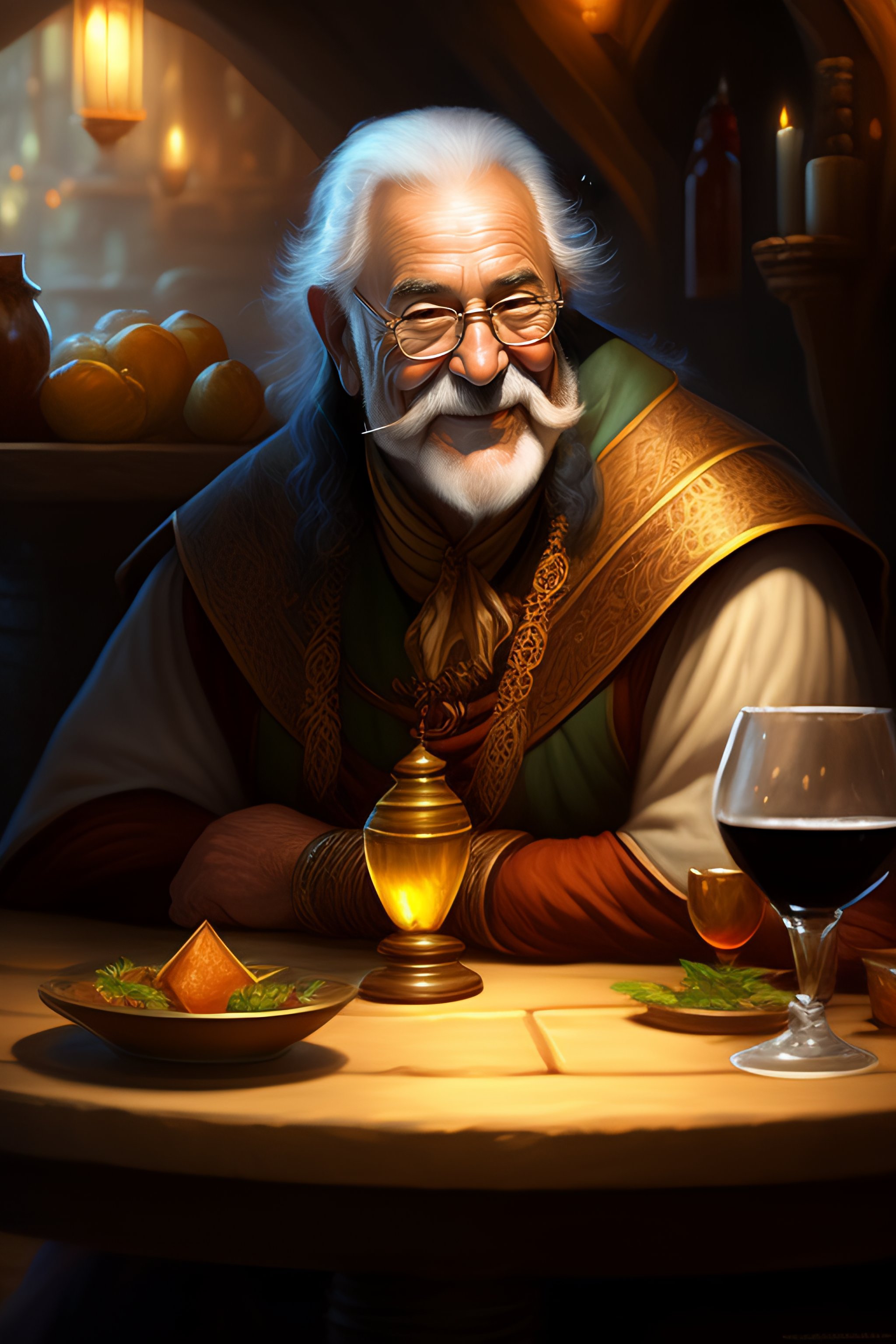 Lexica - An old wise and happy wizard sitting at a table in a medieval ...