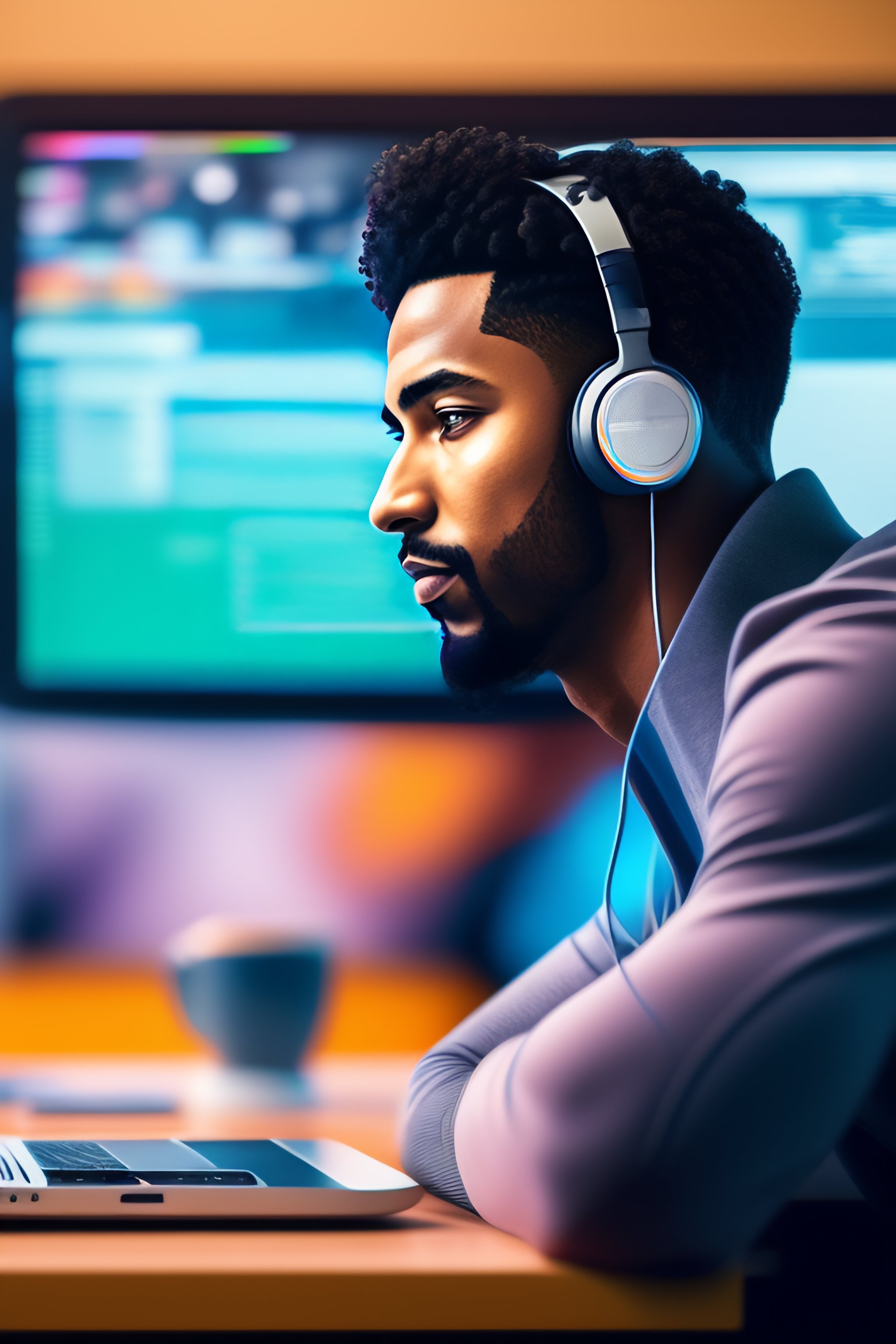 Lexica - Portrait of a coder sitting in front of his laptop with his bi headphones on, illustration