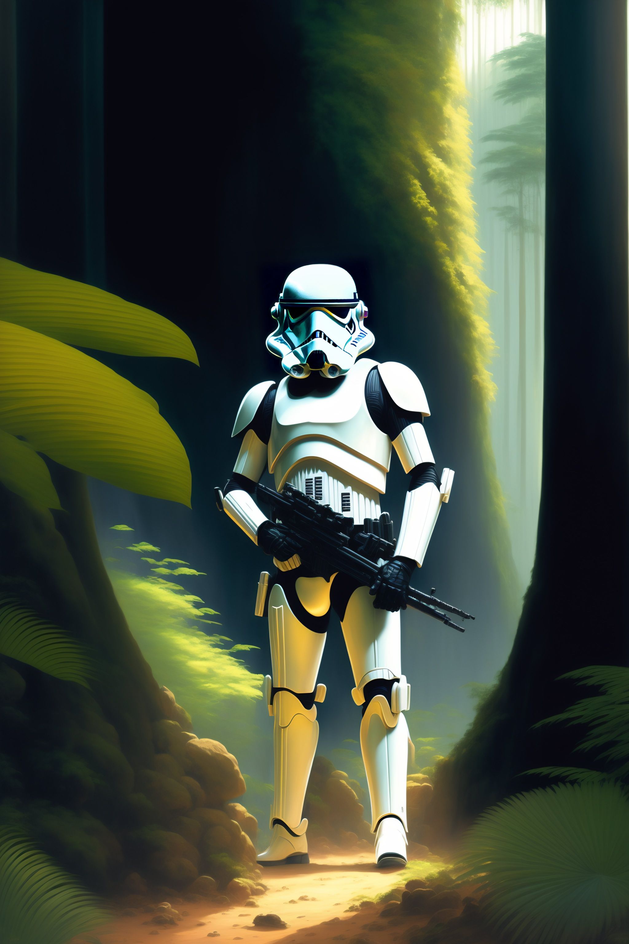 Lexica - "Stormtrooper in Fantasy Jungle" by Syd Mead, cold color palette, muted colors ...