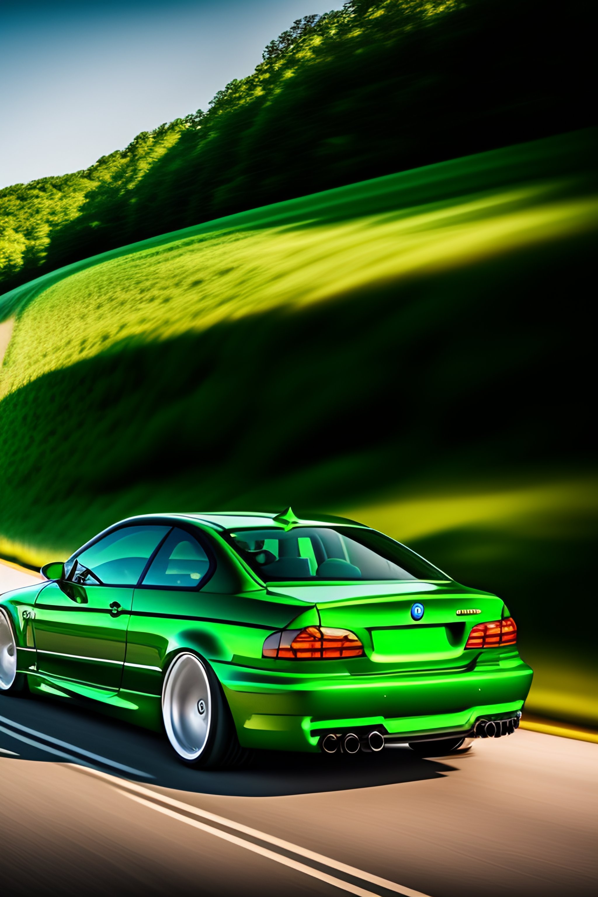 Lexica - Green e46 bmw, stock sedan, driving through connecticut, realistic
