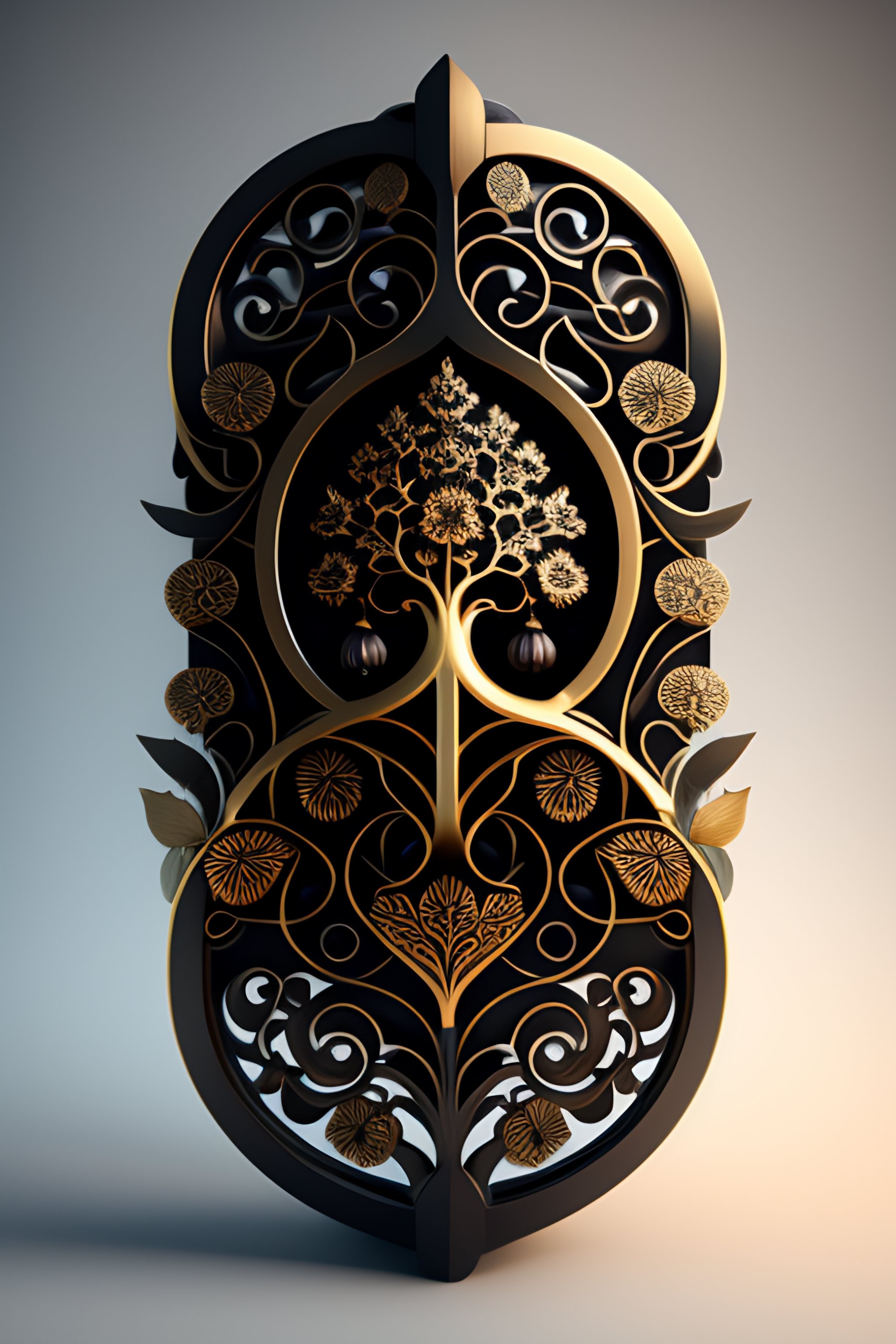 Lexica - An intricate, ornate, symmetrical wood carving, with golden ...