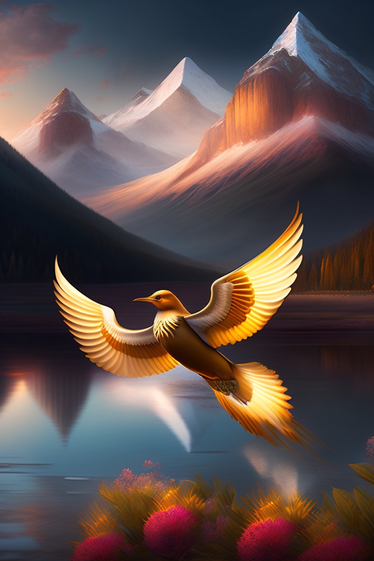 Lexica - God with four golden wings, a giant mountain, river, cathedral