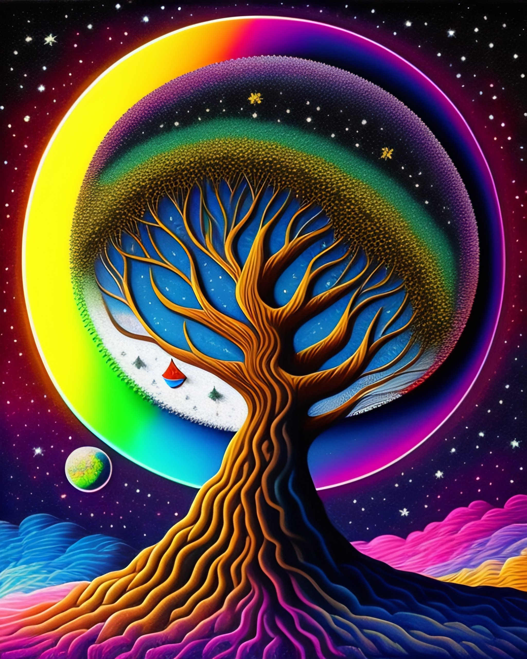Lexica - Pen drawing of a tree on the moon, outer space, rainbow colors ...