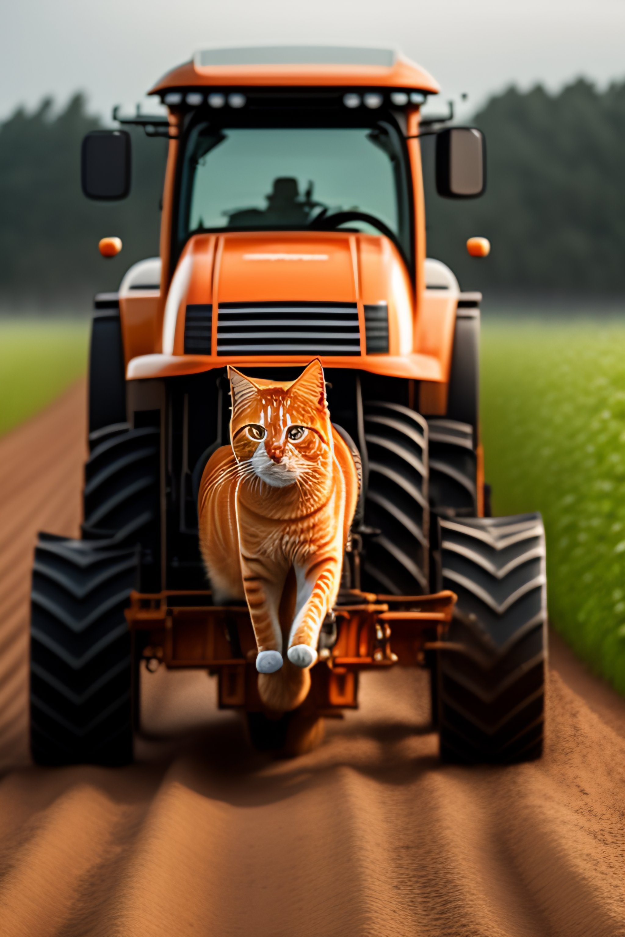 Lexica - An orange tabby cat driving a tractor