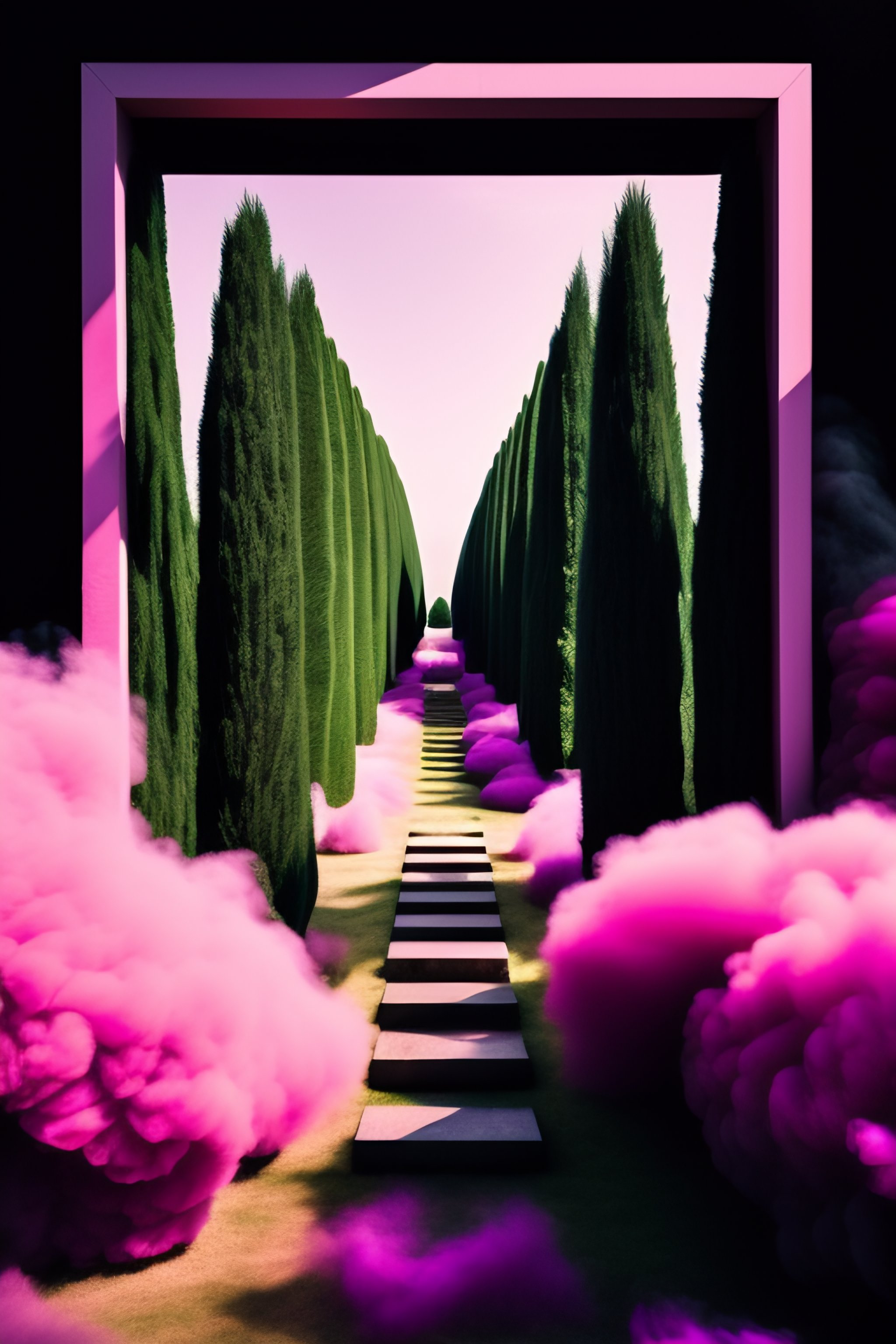 Lexica - Tall hedge maze, pink smoke, geometric, minimal, vintage, scary