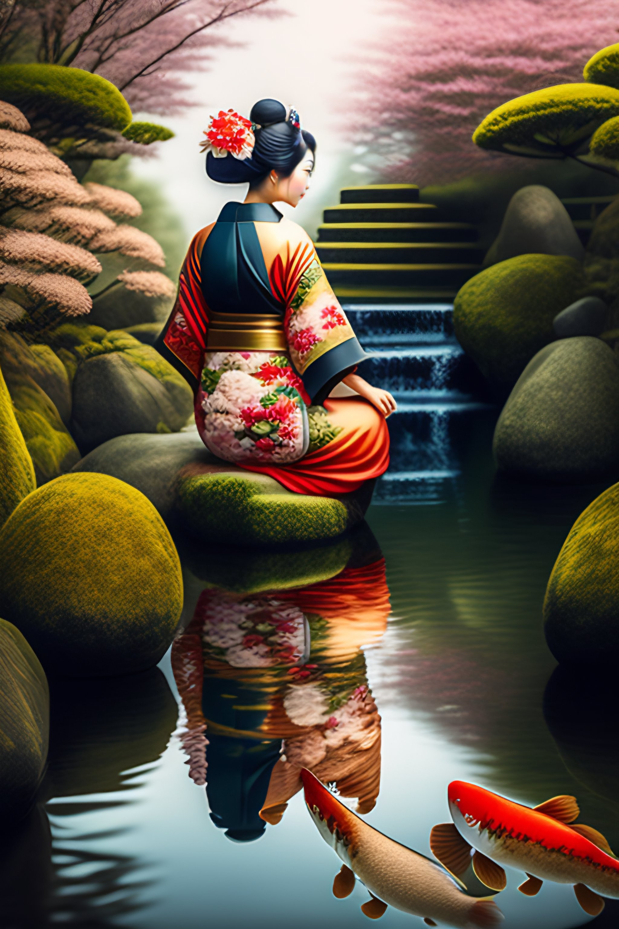 Lexica - Beautiful Japanese geisha in a Japanese garden with a koi fish ...