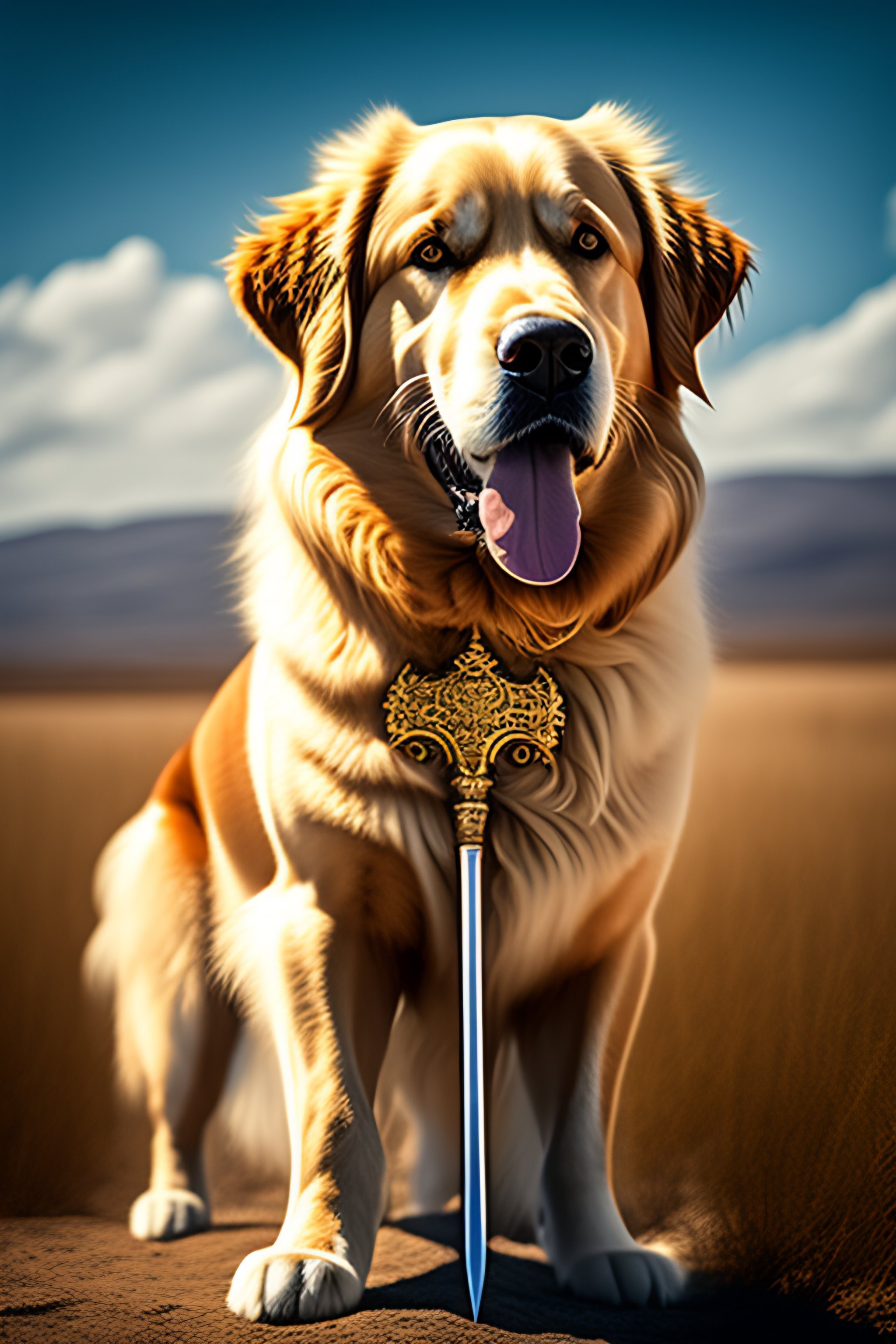 Lexica - A golden retriever, standing ，with sword in the hand