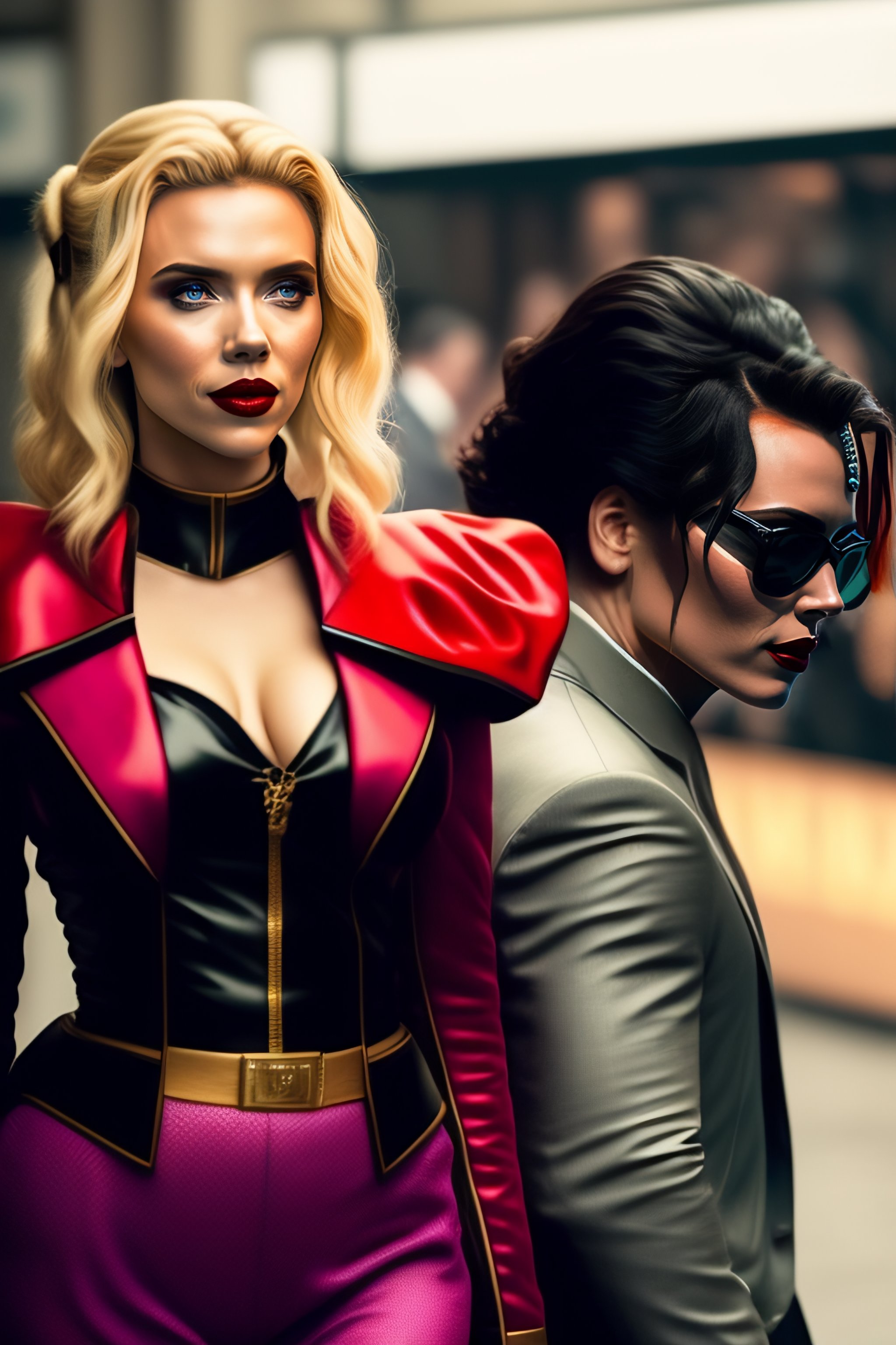 Lexica Scarlett Johansson As Harley Quinn Walking Beside Joaquin Phoenix Joker