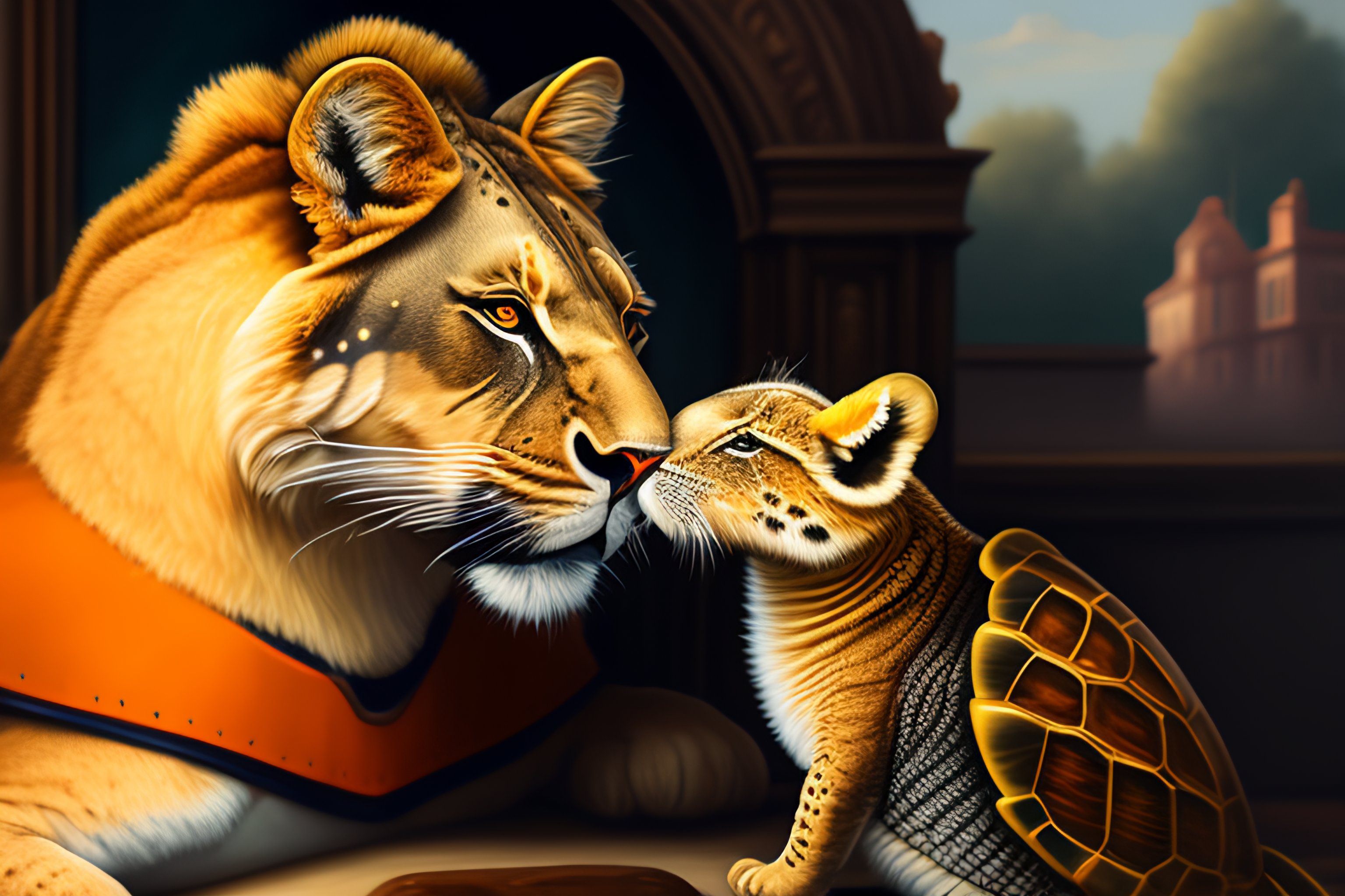 Lexica - A turtle eating a lion. in the style of rembrandt and akihiko ...