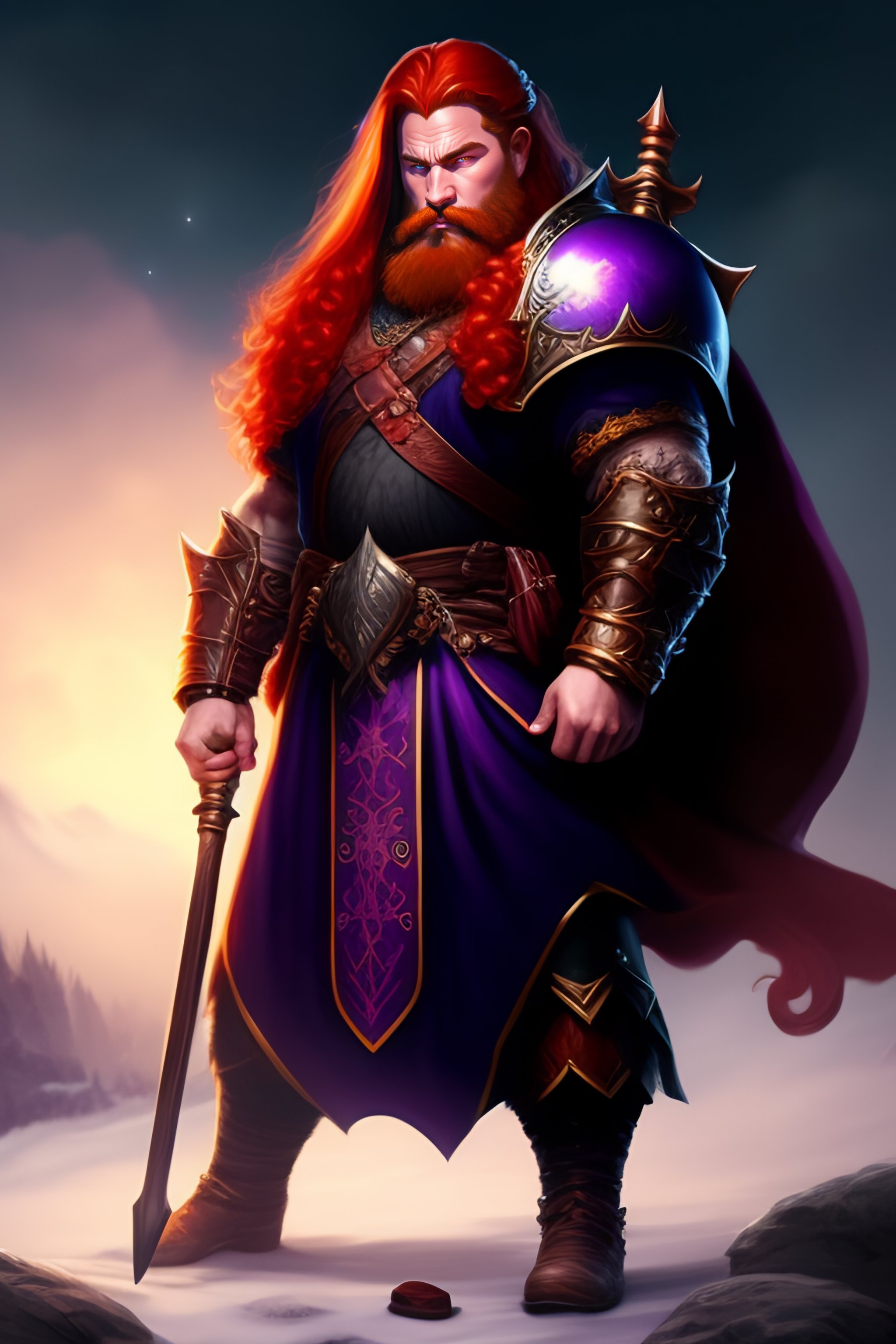 Lexica - Fantasy dwarf, redhead male, very dark purple robes,big shield ...