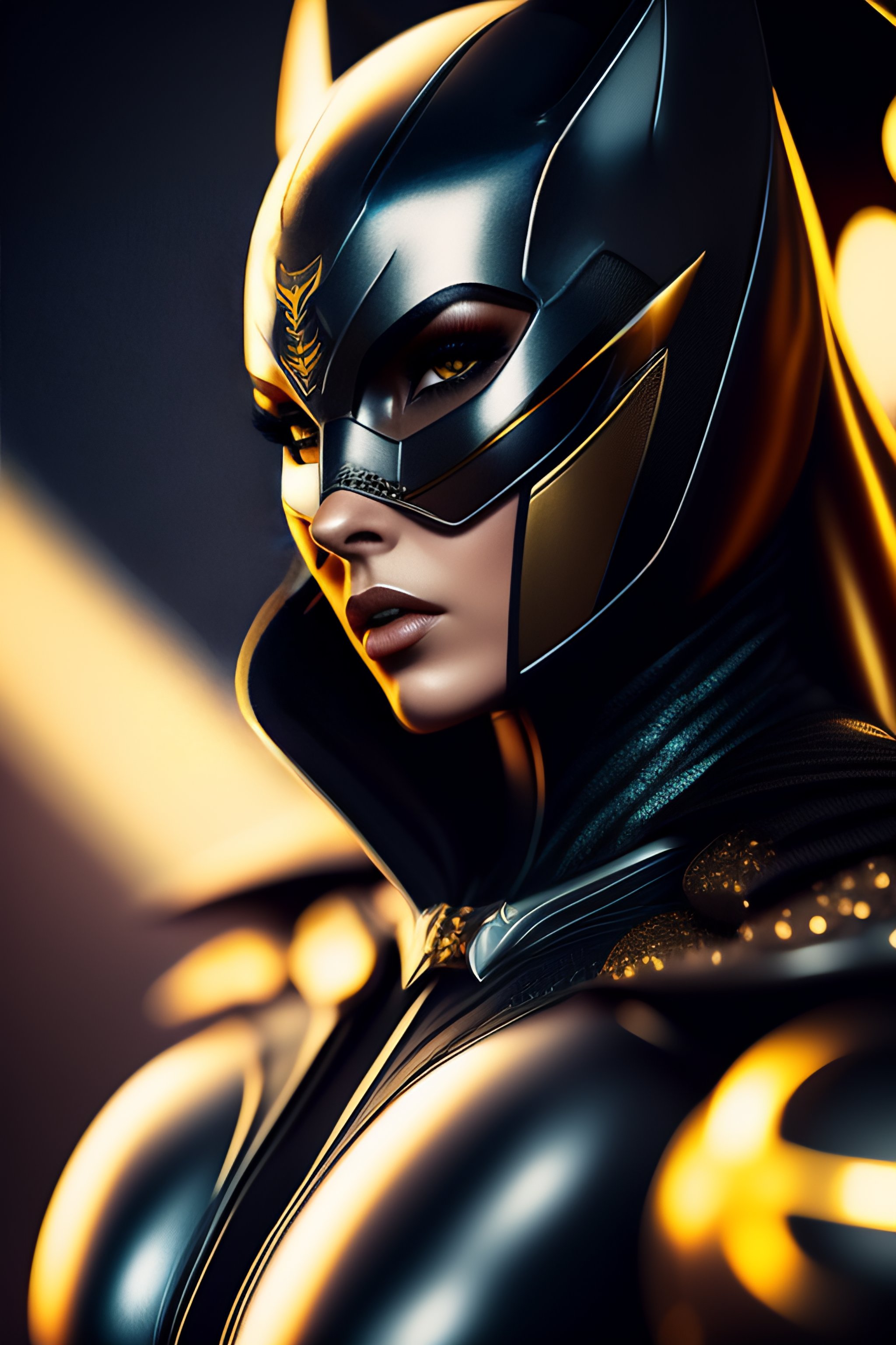 Lexica - Majestic action close-up portrait of bat-woman wearing chrome ...