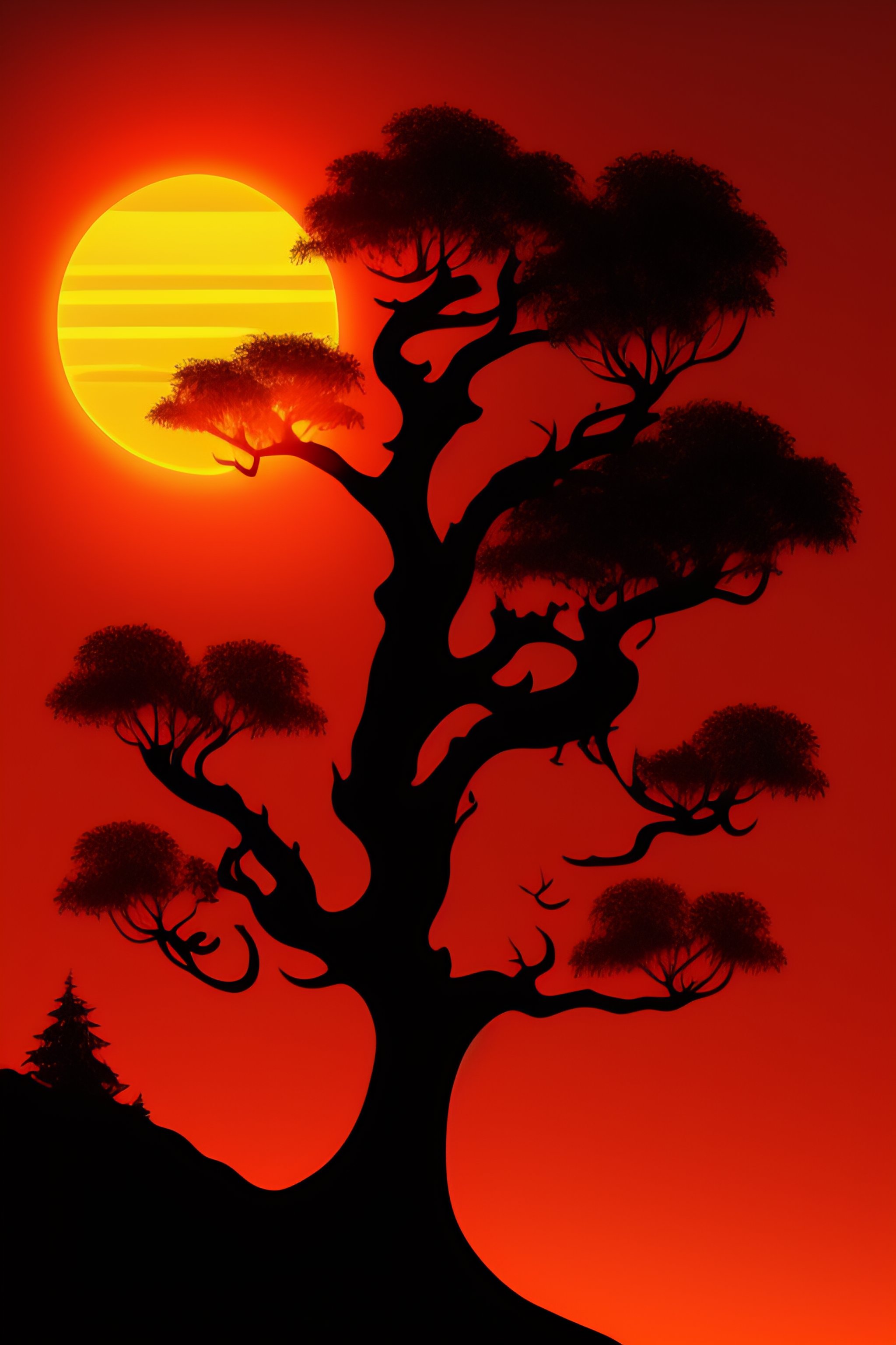 Lexica - Siluet of a fur tree with the sun setting in the background ...