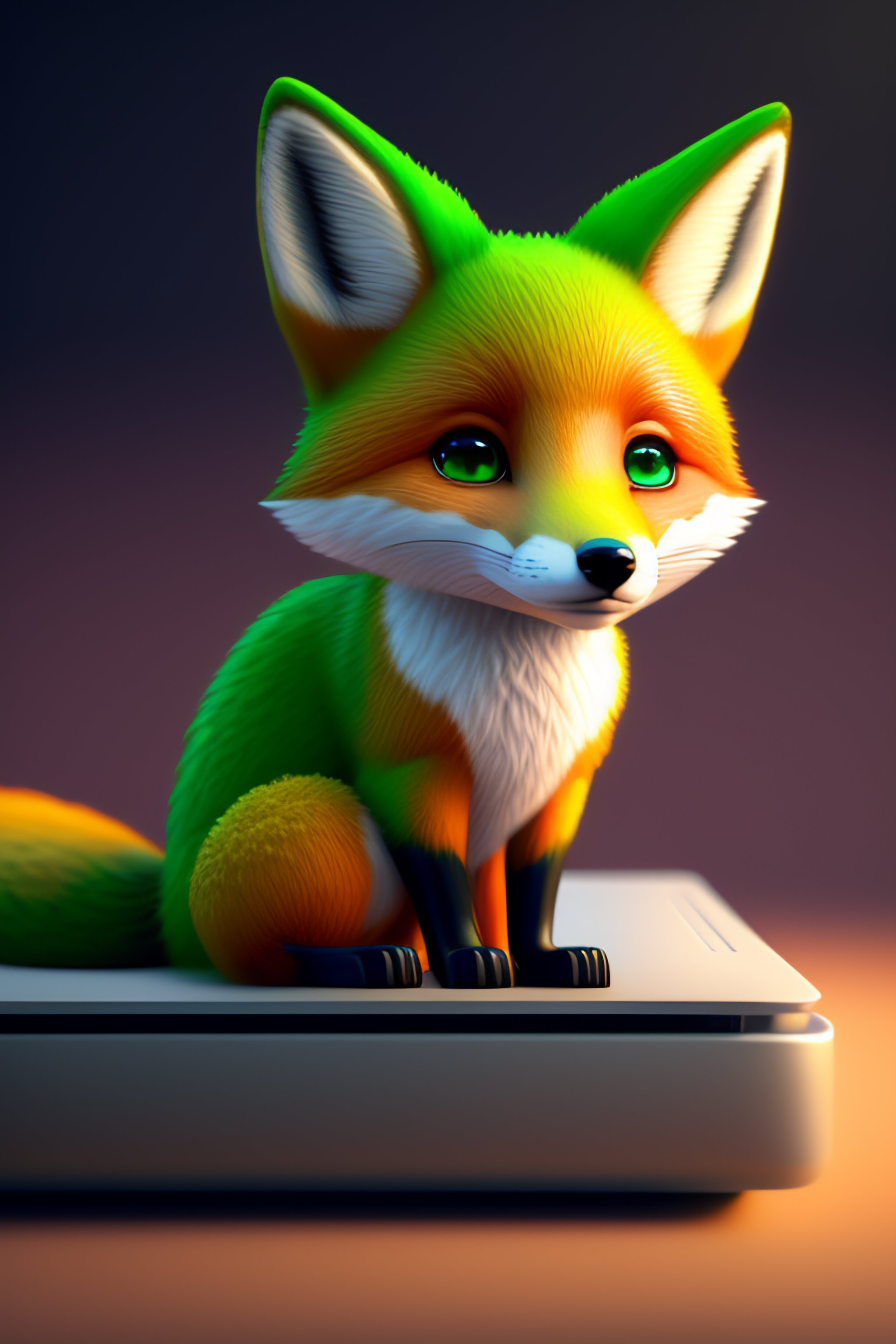 Lexica - Cute small humanoid fox green eyes sitting in front of laptop ...