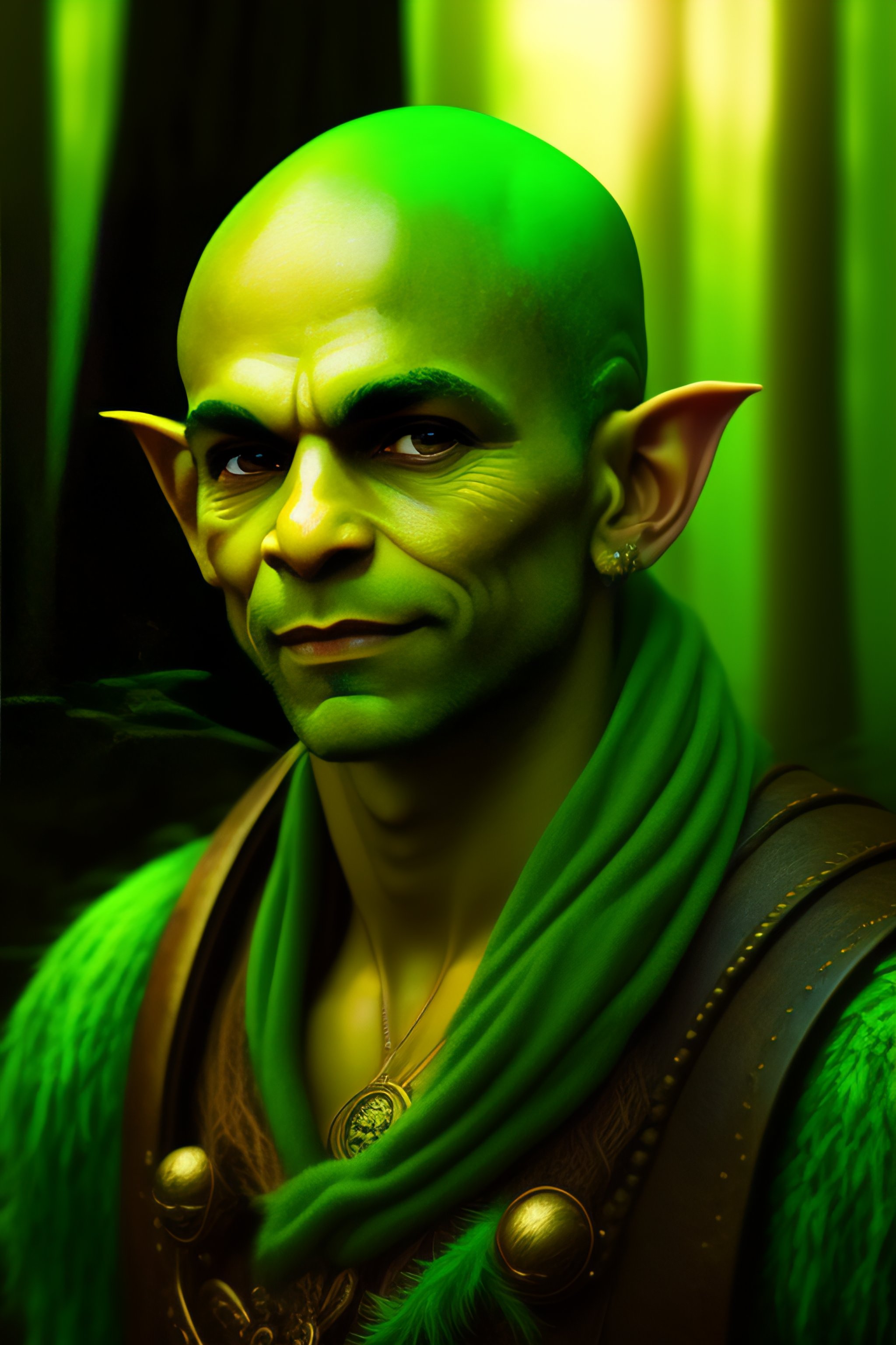 Lexica - Portrait of a small male green-skinned goblin druid with a ...