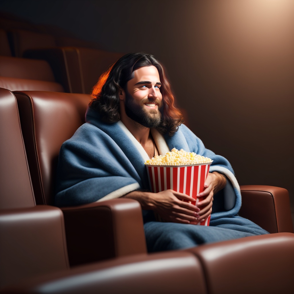 Lexica - Jesus, in a robe, front row in an empty dark movie theater ...