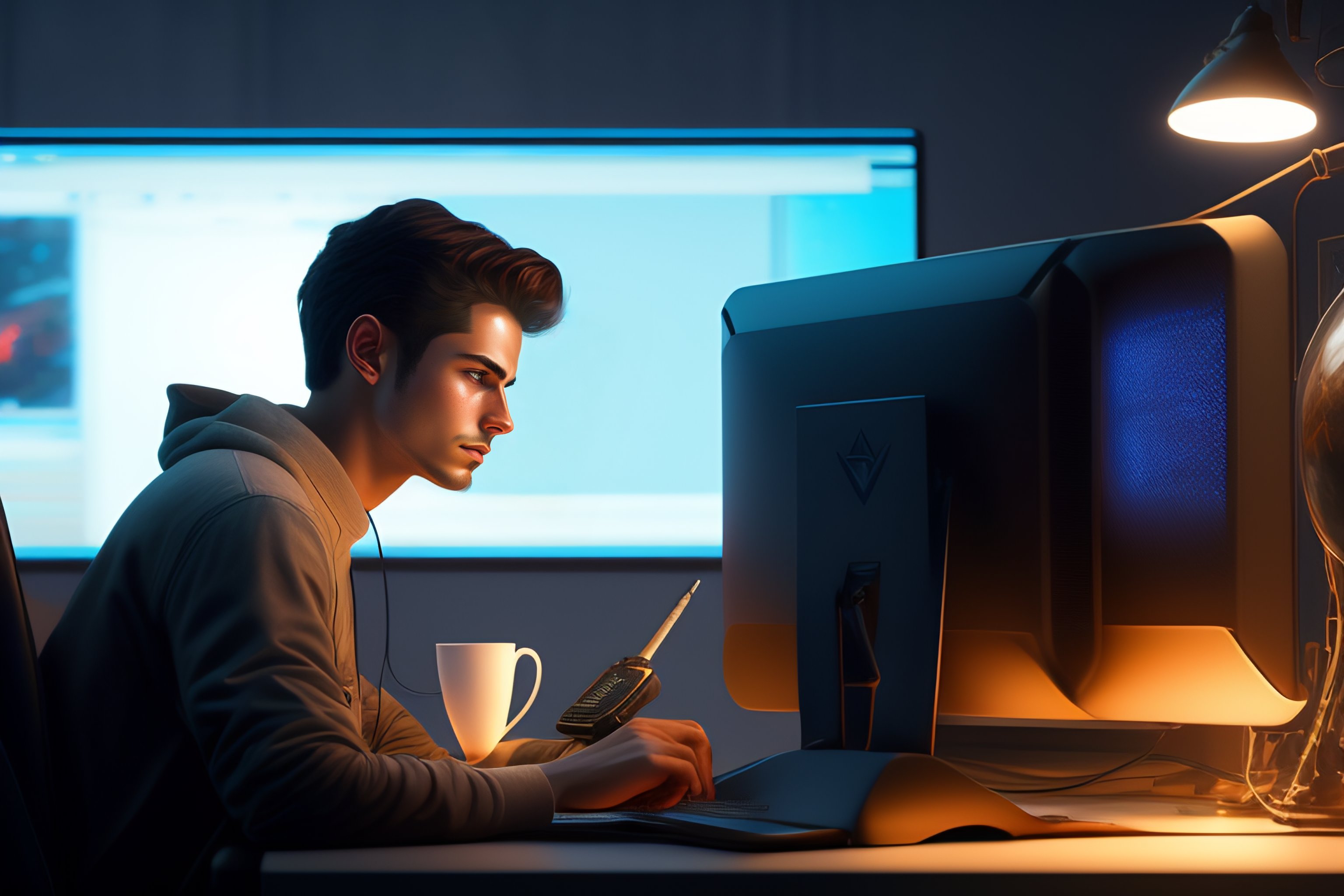 Lexica - A college aged hacker studiously working on his computer, highly detailed, digital ...