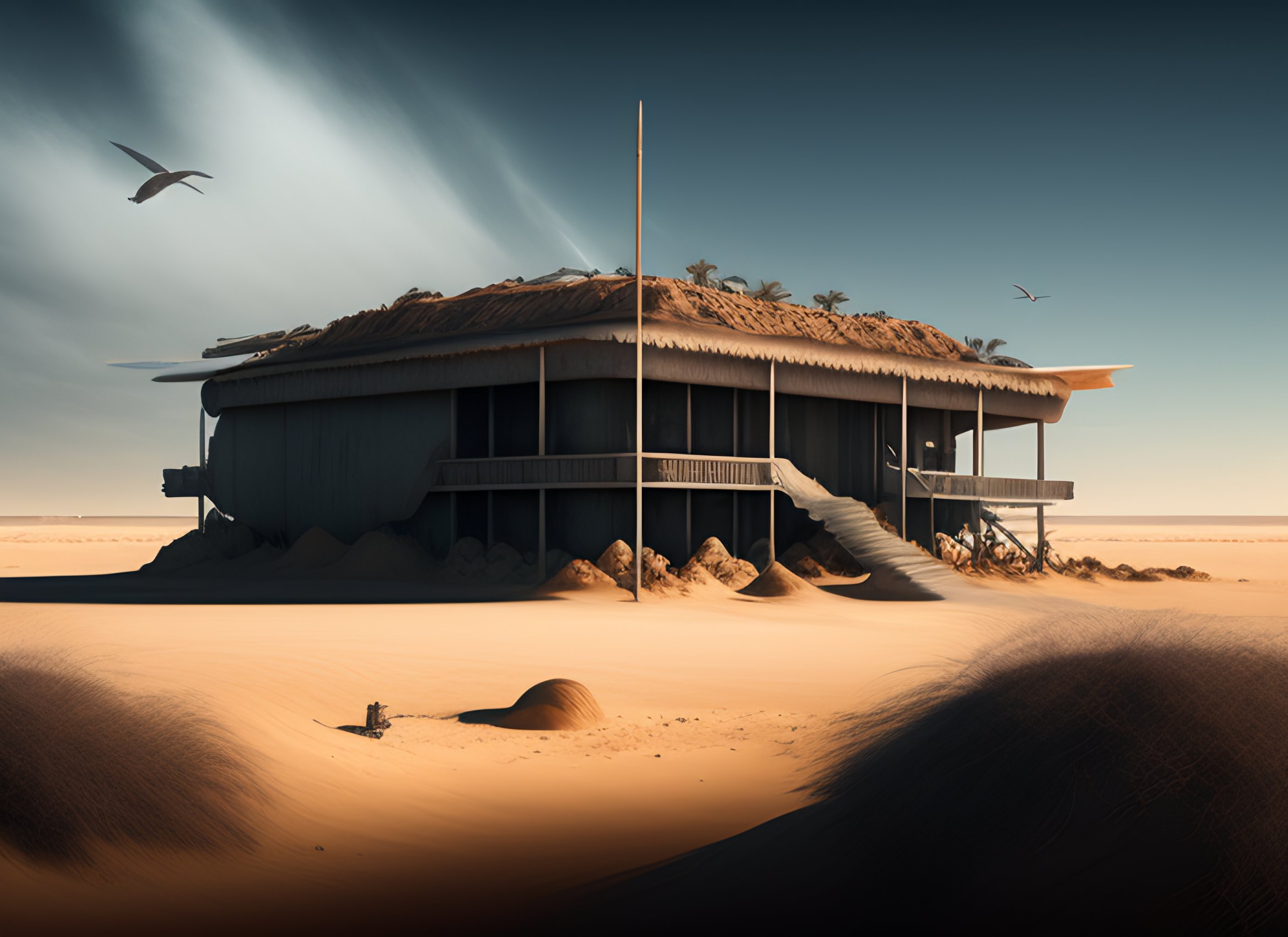 Lexica - Matte painting of a building half buried on the sand in an the ...