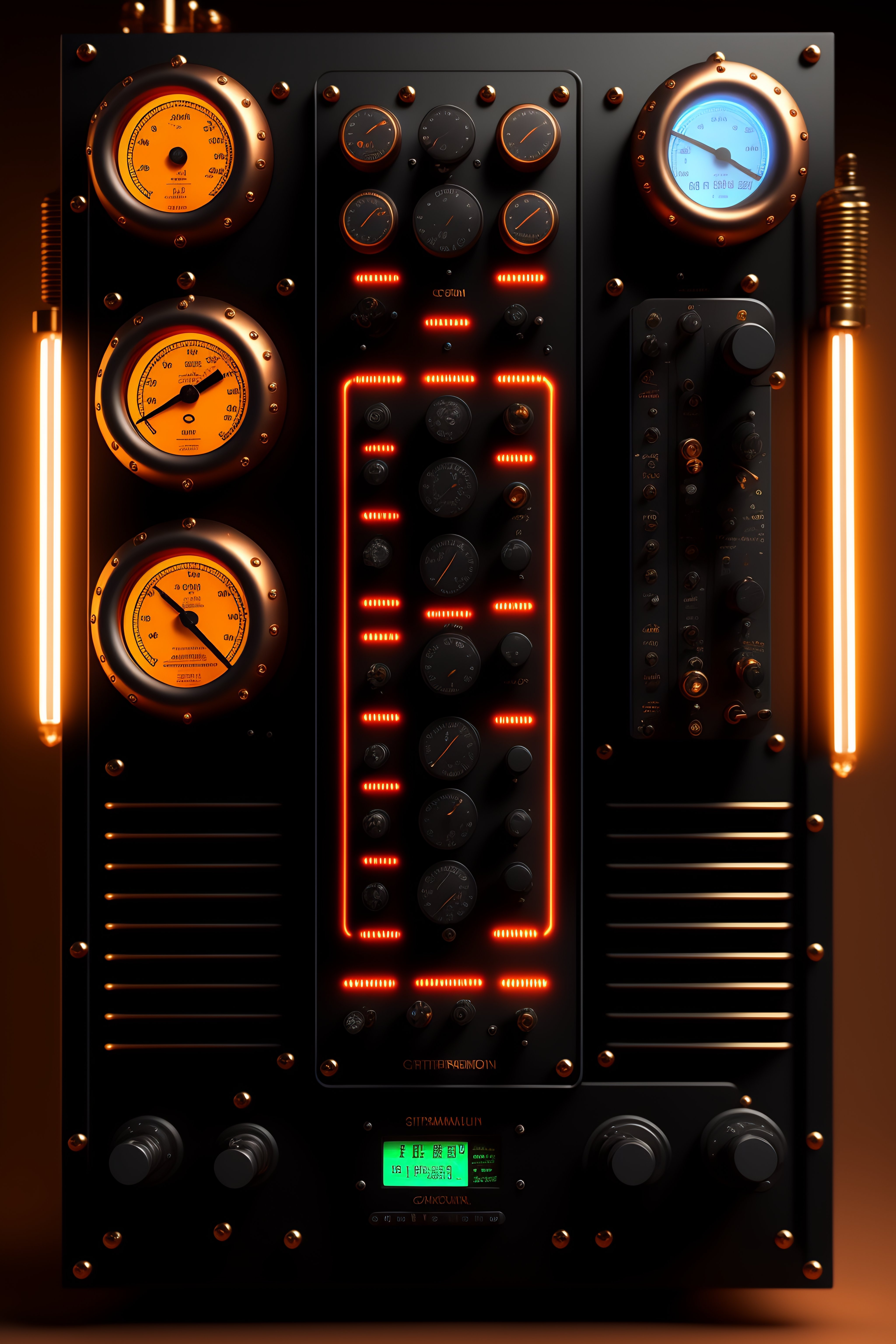 Lexica - Steampunk front view of a chaotic control panel with monitors ...