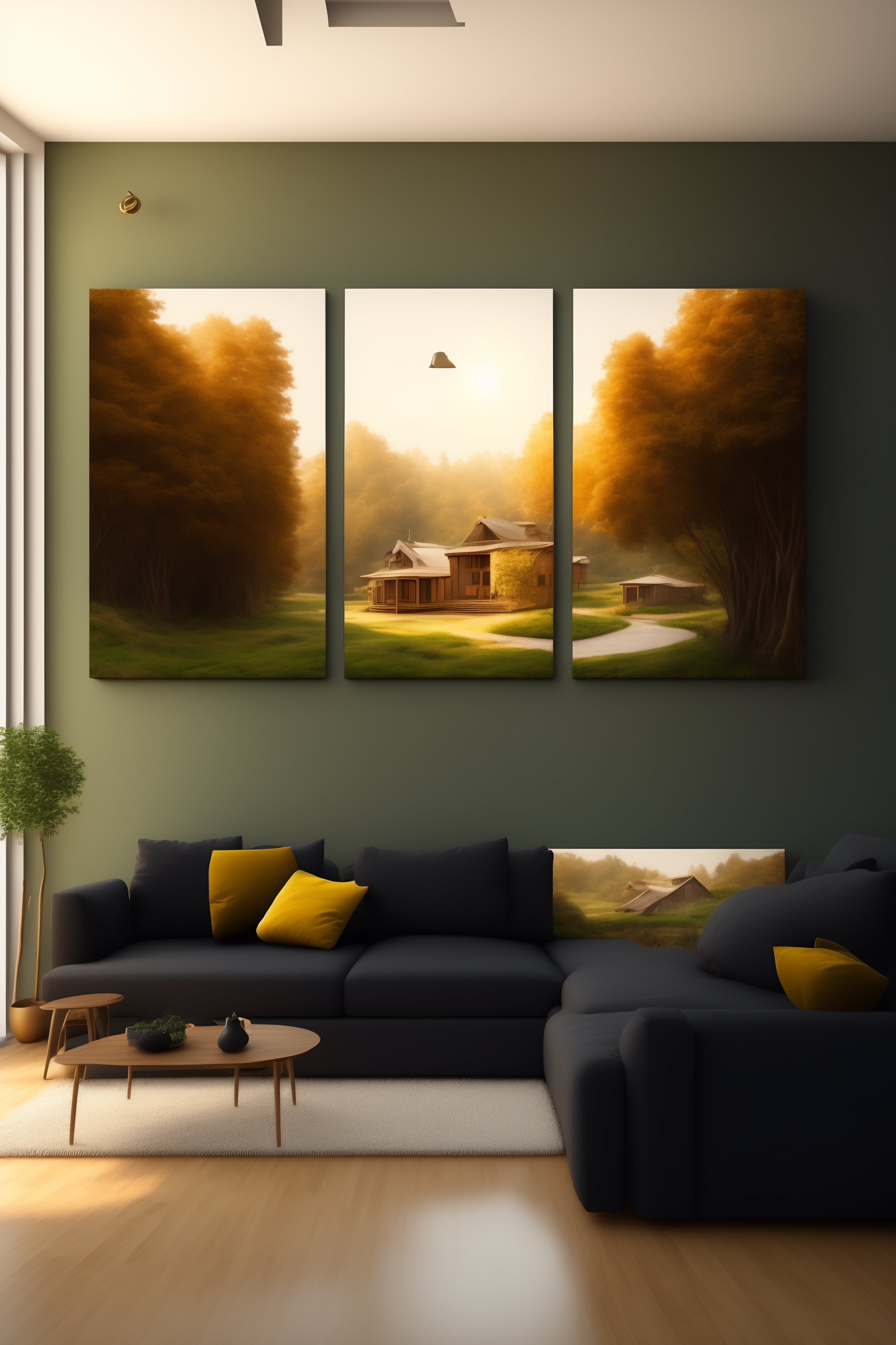 Lexica - 3 seperate canvas on wall in family house in 2000s archtechture