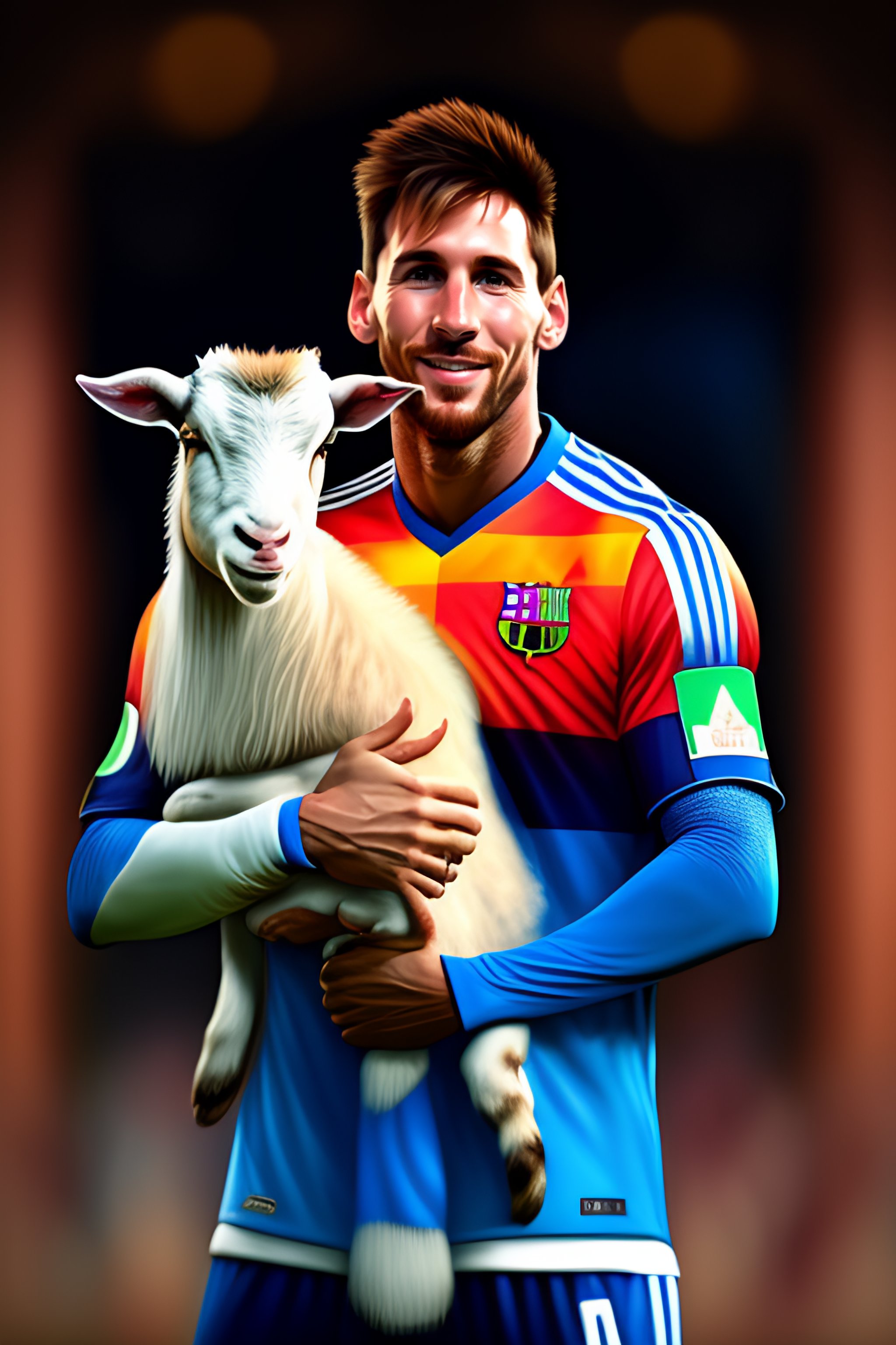 Lexica - Portrait of messi holding a goat with an argentinian shirt