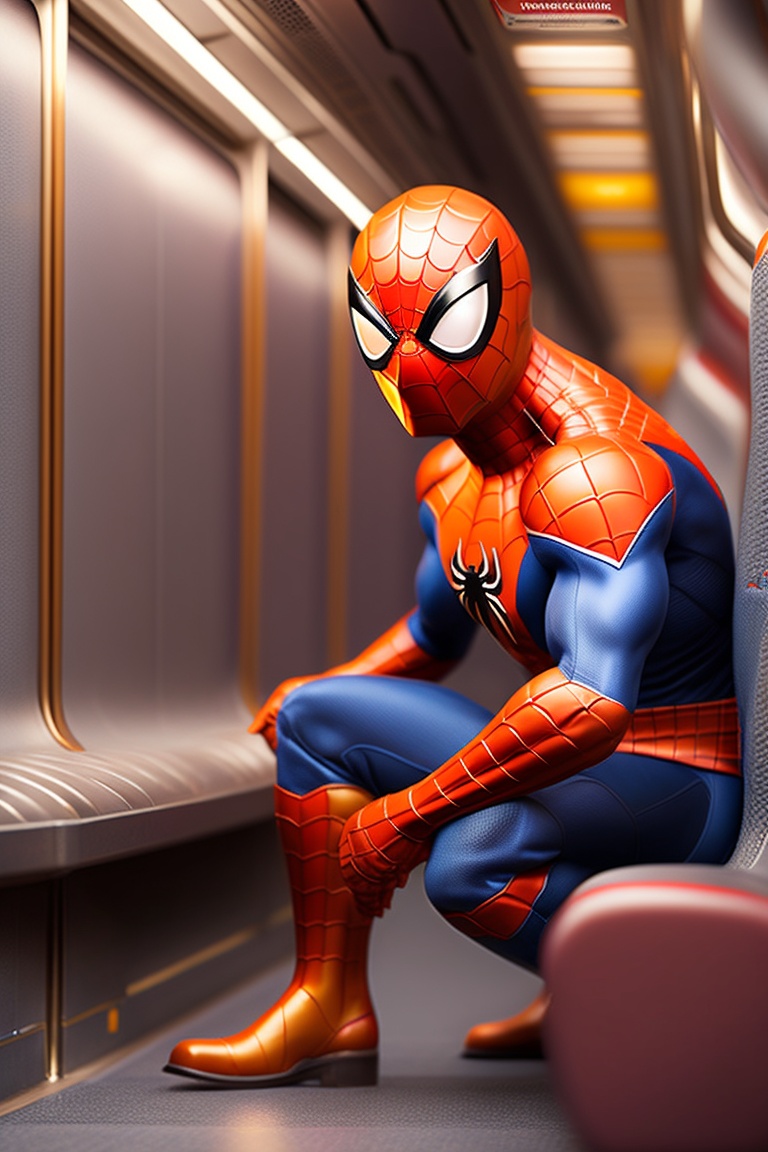 Lexica - Spiderman a business suit sitting in the London Underground ...