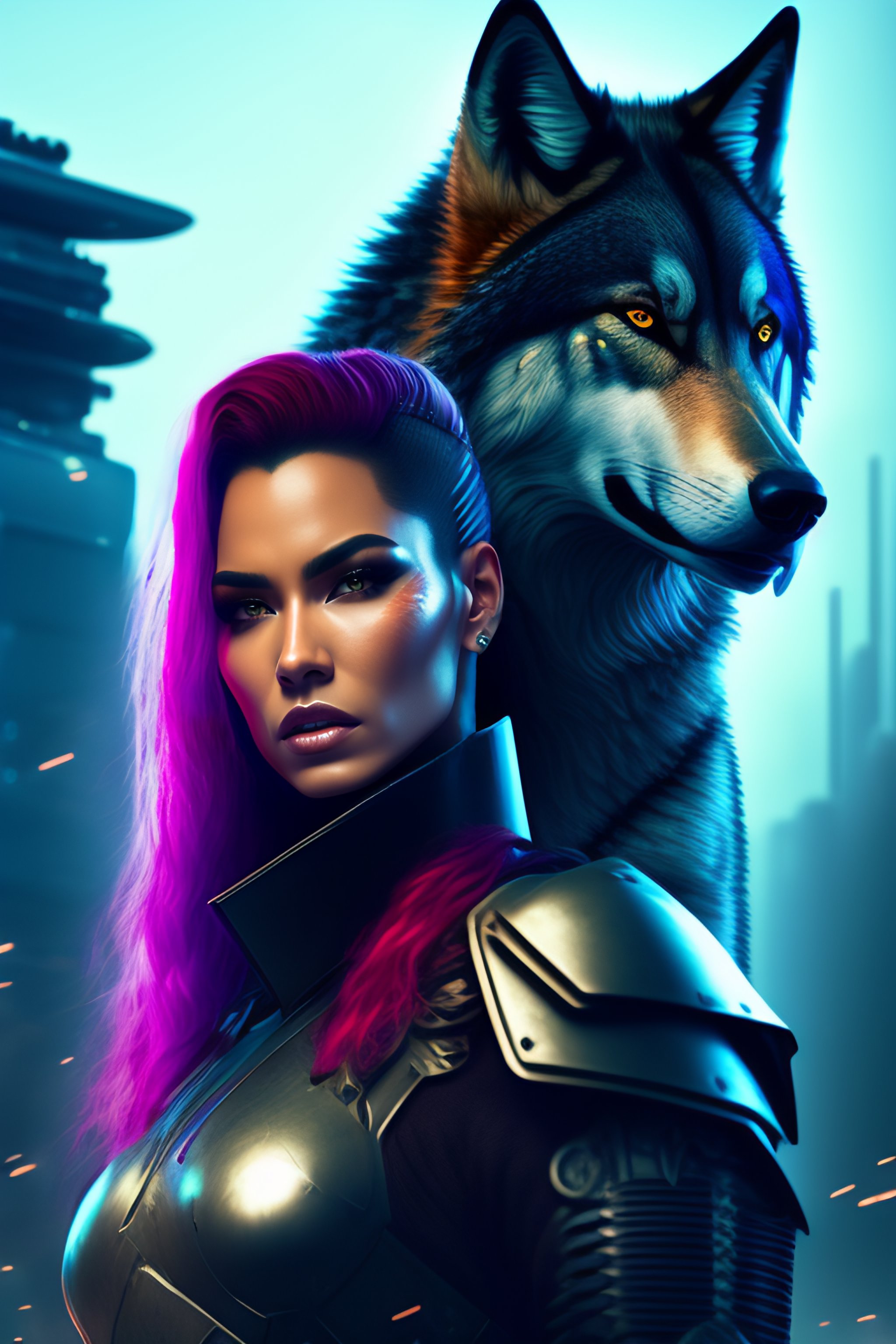 Lexica - A woman cyberpunk warrior with a giant robotic wolf sitting ...