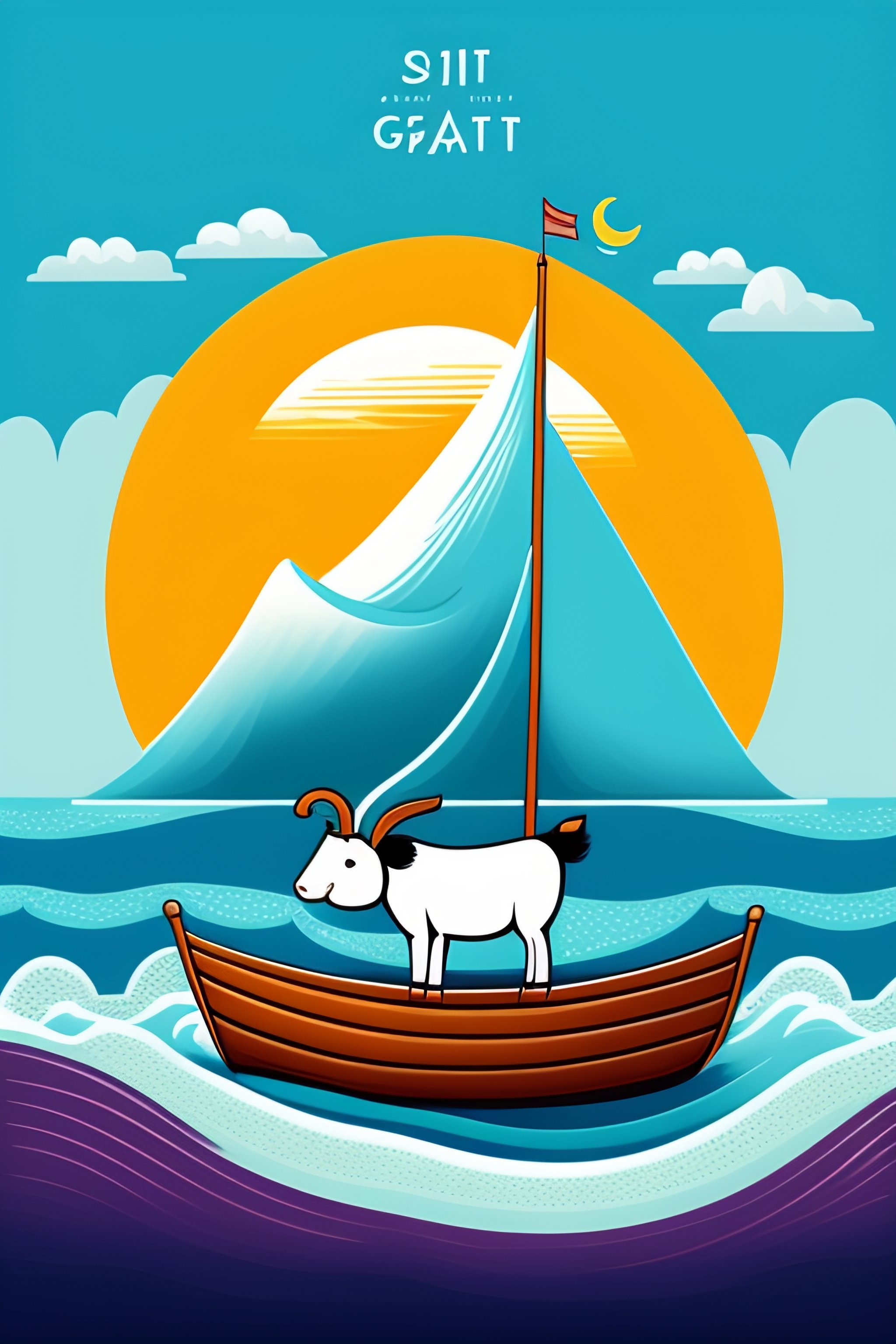 Lexica - Cartoon goat with a boat at sea in the sun book cover with ...