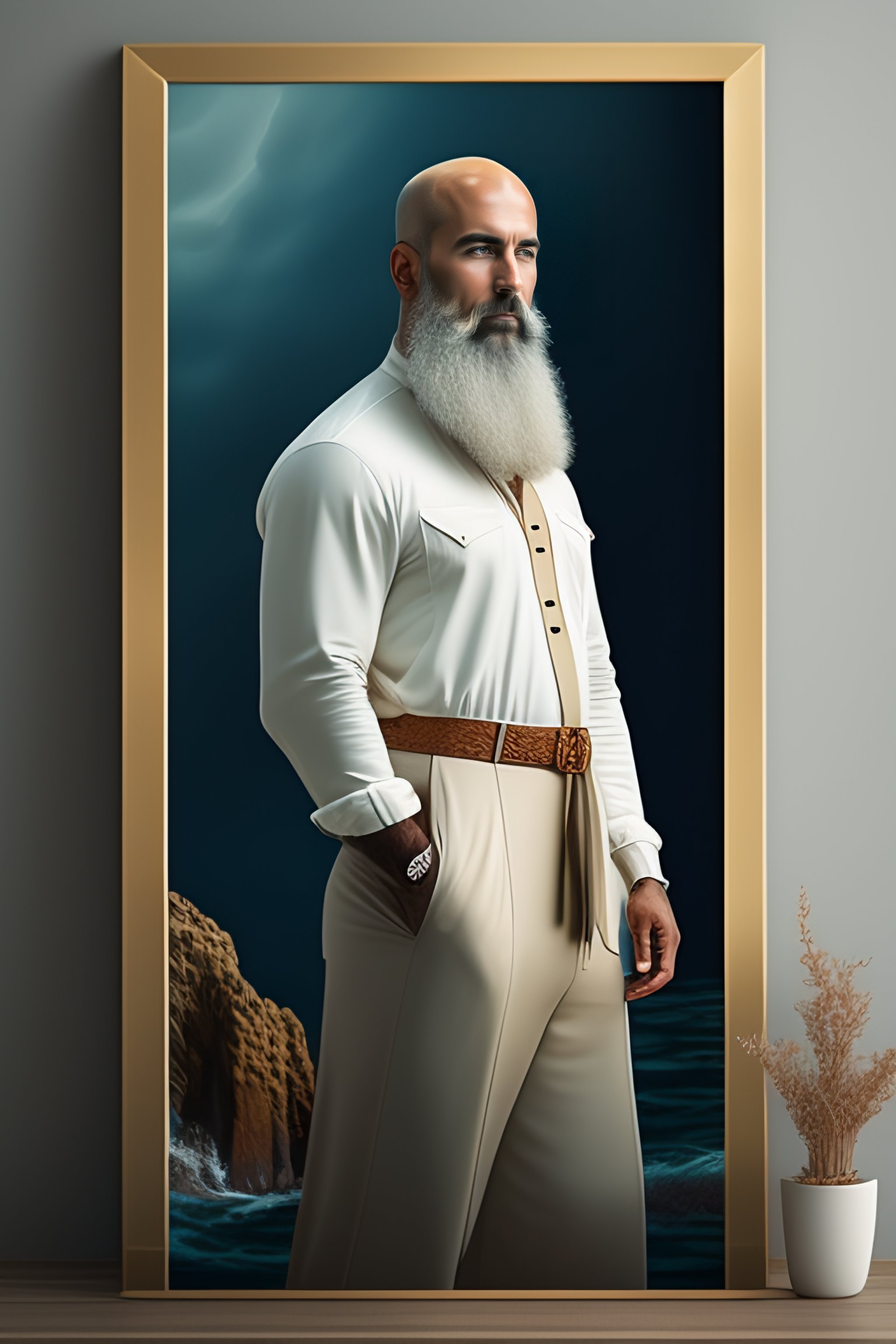 Lexica - A bald-headed bearded male standing at the edge of an ocean in ...