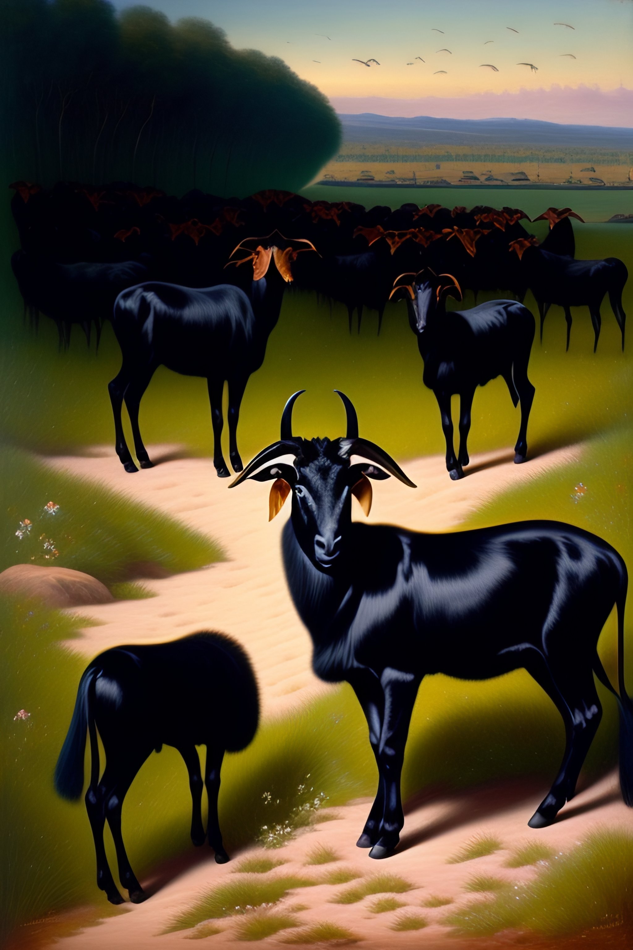 Lexica - Victorian painting of million of black goats floating