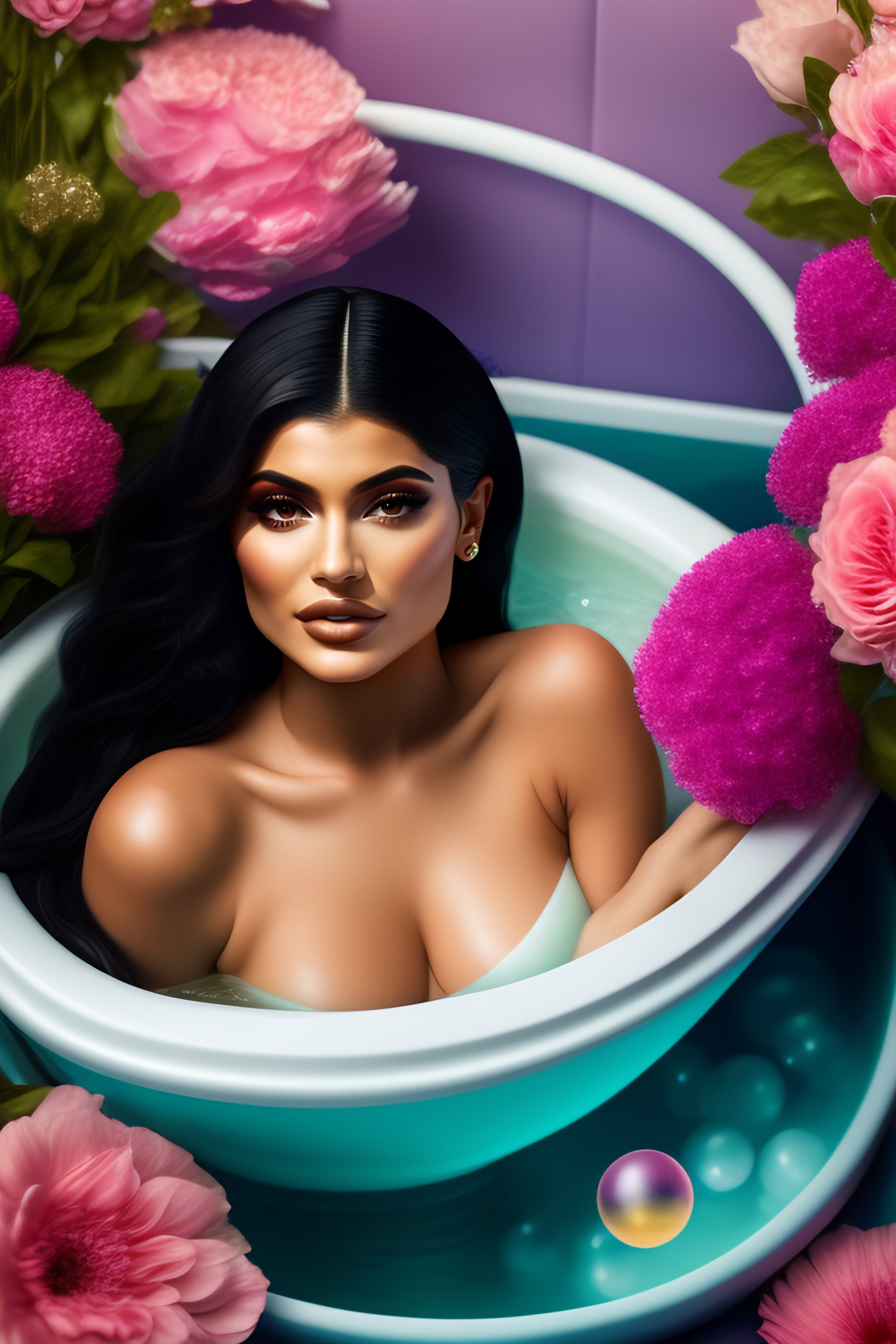 Lexica - Kylie jenner, full body, bathtub, top view, surrounded by bubbles and flowers ...