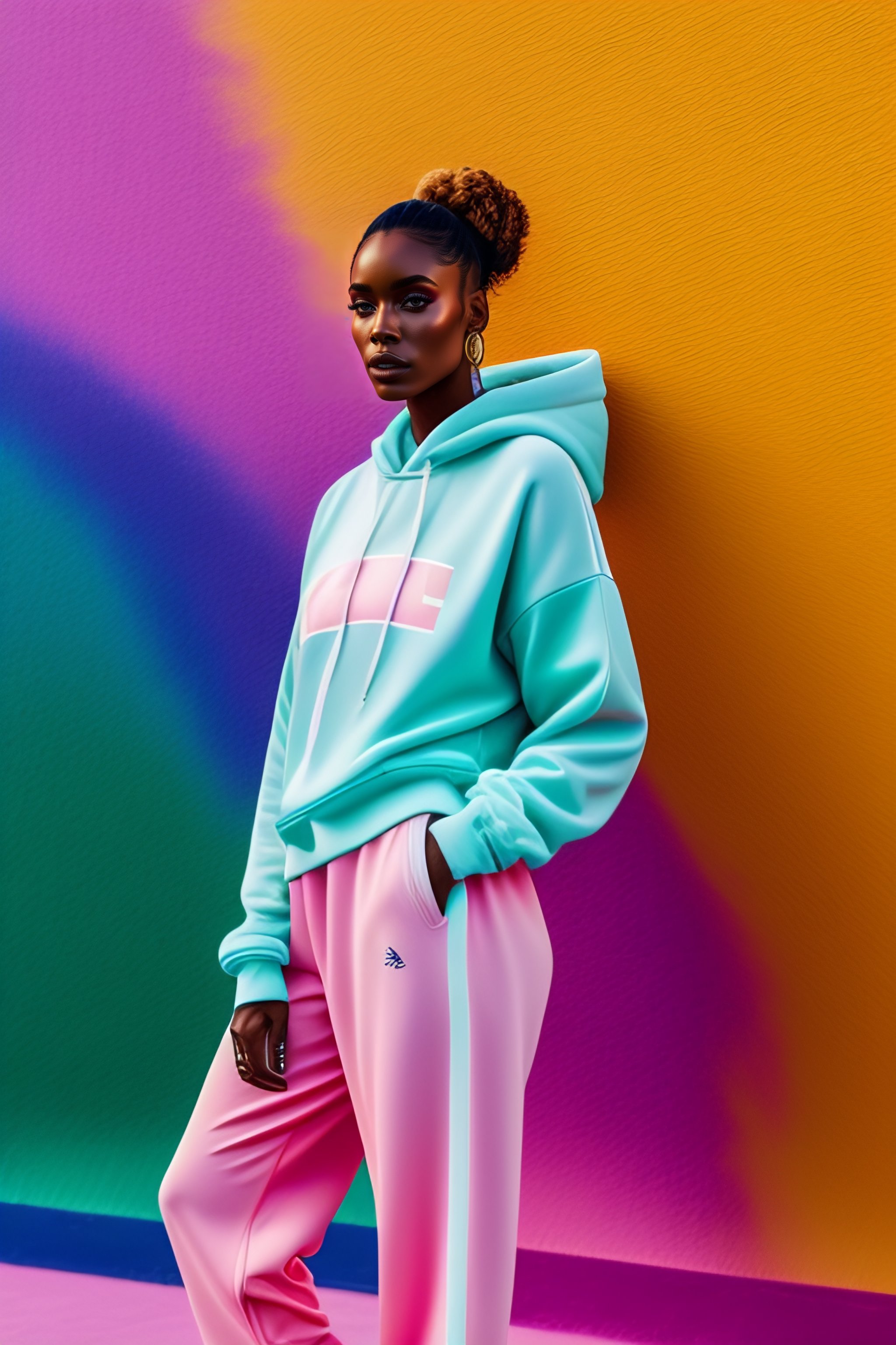Lexica - White woman fashion model wearing a pastel colors hoodie and ...