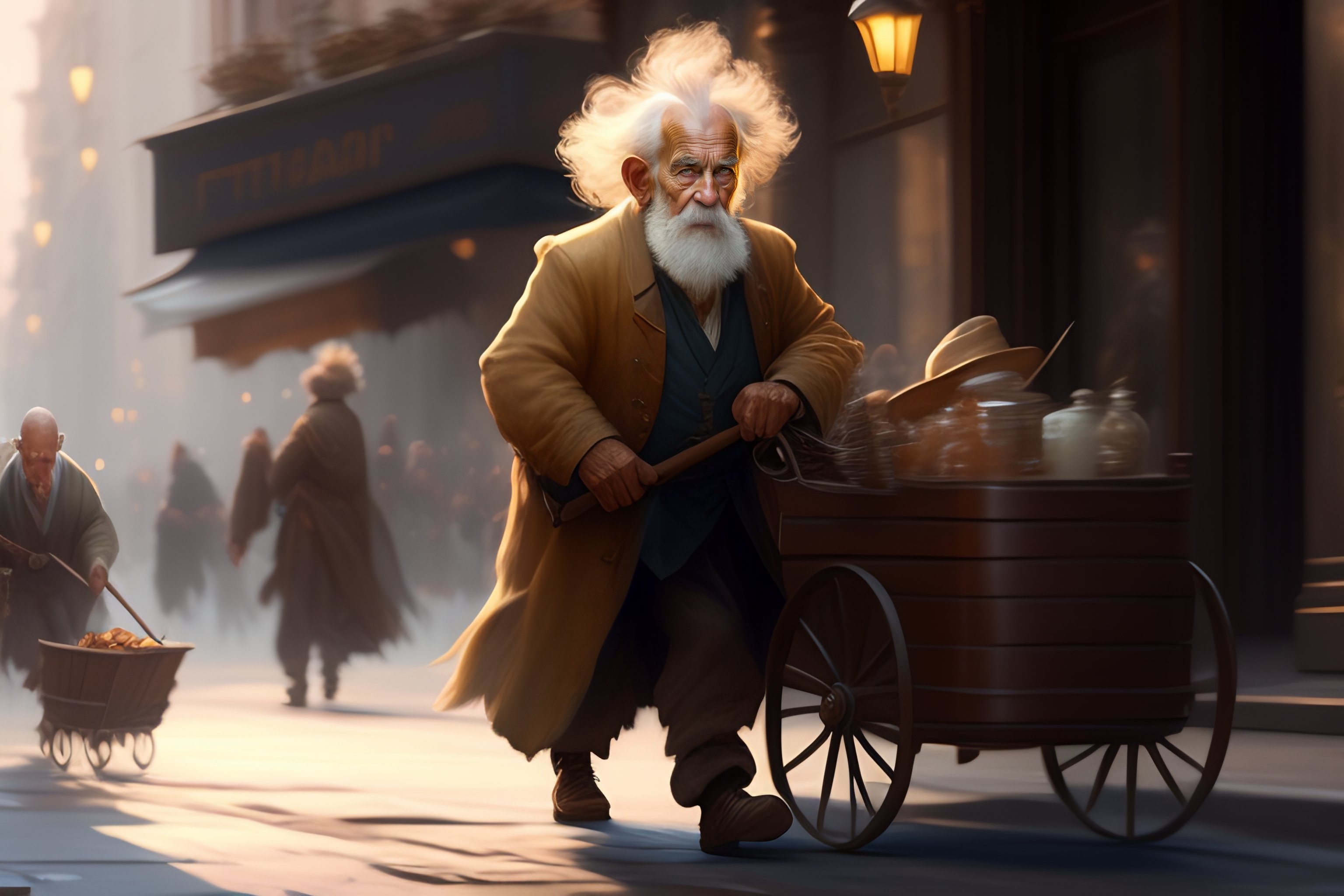 Lexica - An old man pushing a cart with messy clothes, a wrinkled old ...
