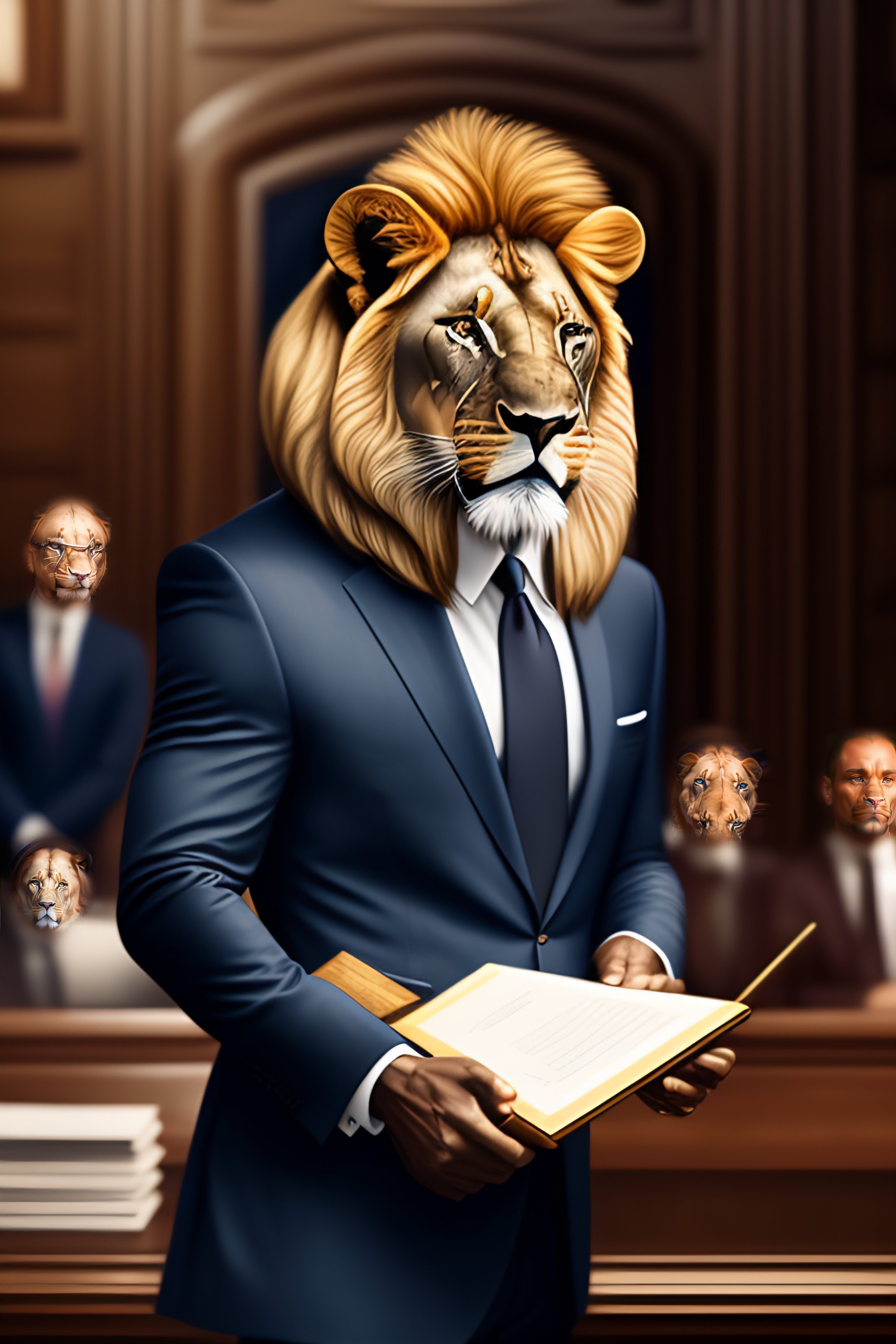 Lexica - Award-winning photo of a lion lawyer in court, navy blue suit ...