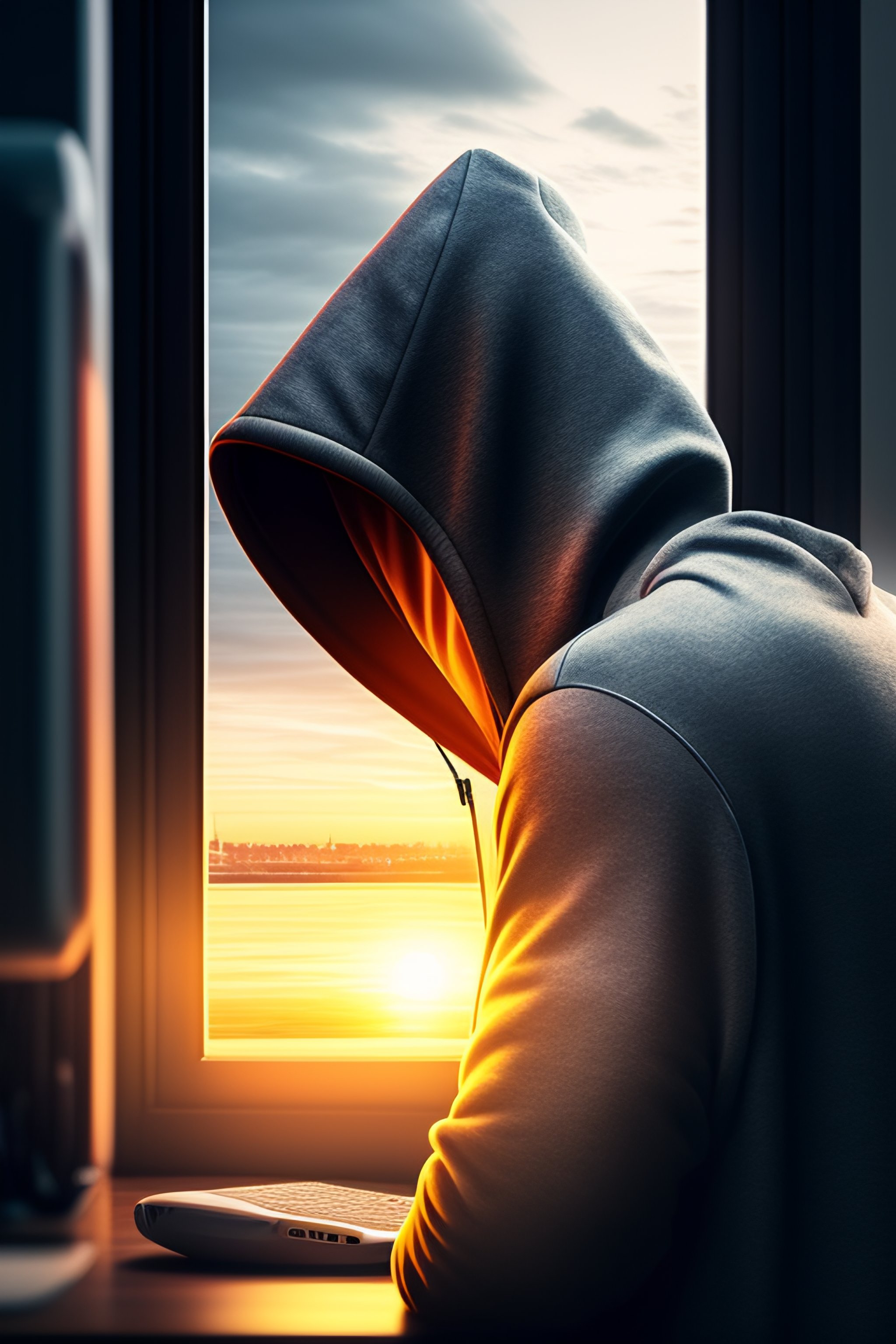 Lexica - A man in a hooded sweater in his bedroom at his computer desk ...