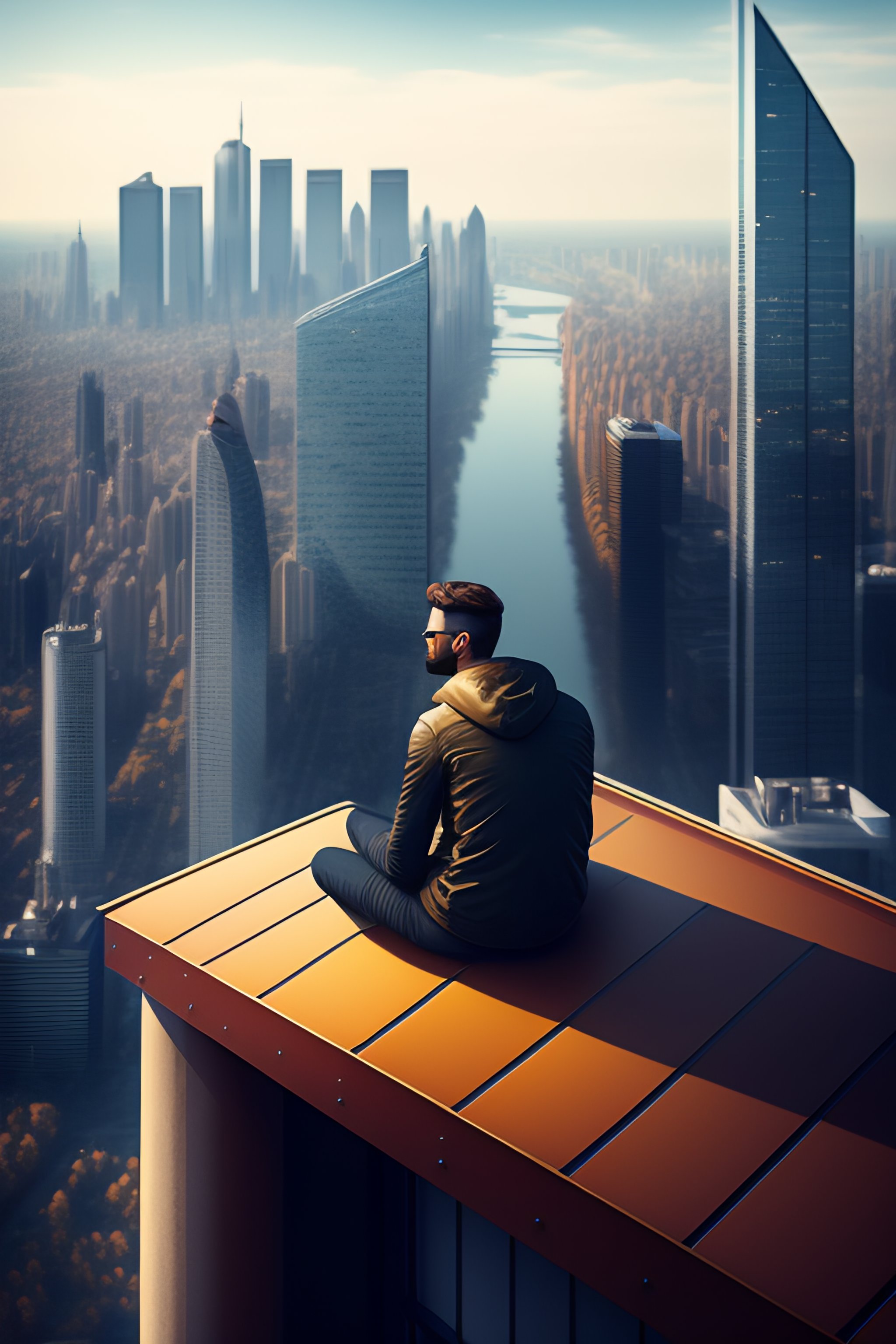 Lexica - Guy sitting on a roof looking down at a city below, extremely ...