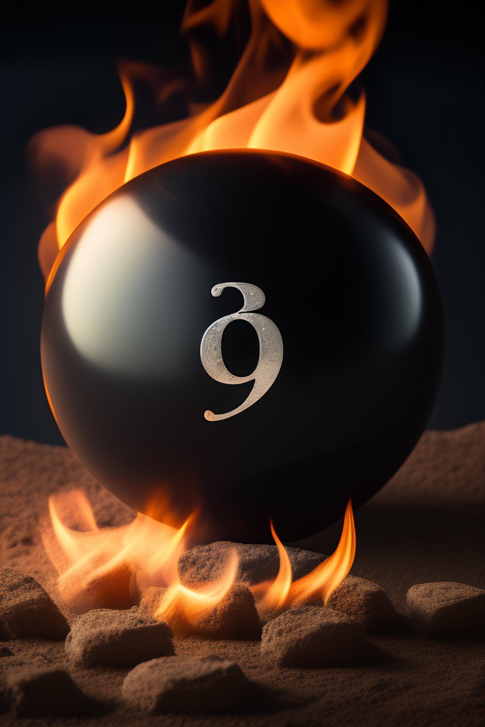Lexica - Eight ball made of stone, black, with a number 8 on fire in ...