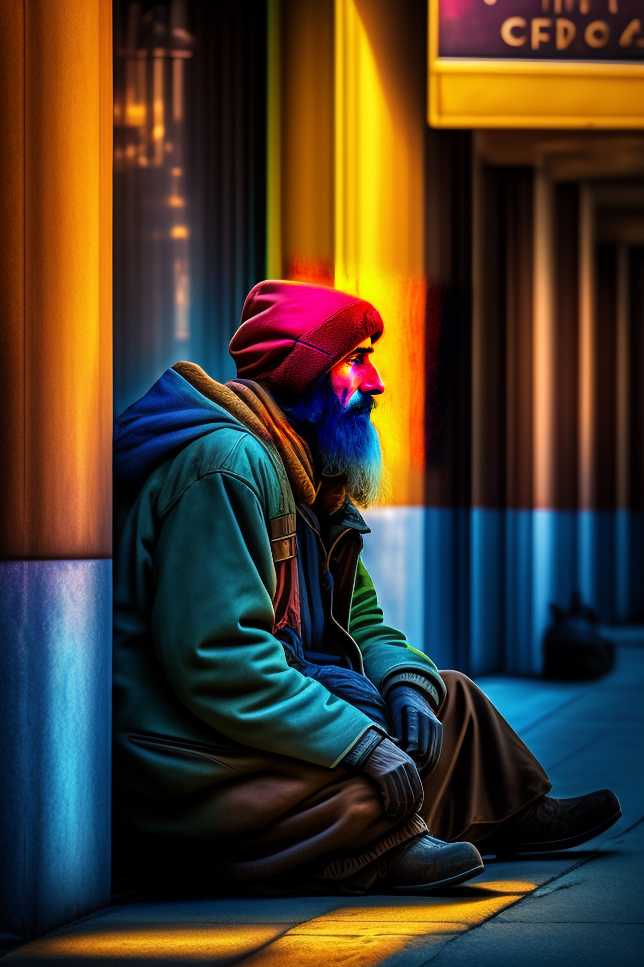 Lexica - Picture of a homeless man, deco style faded colors, bright ...