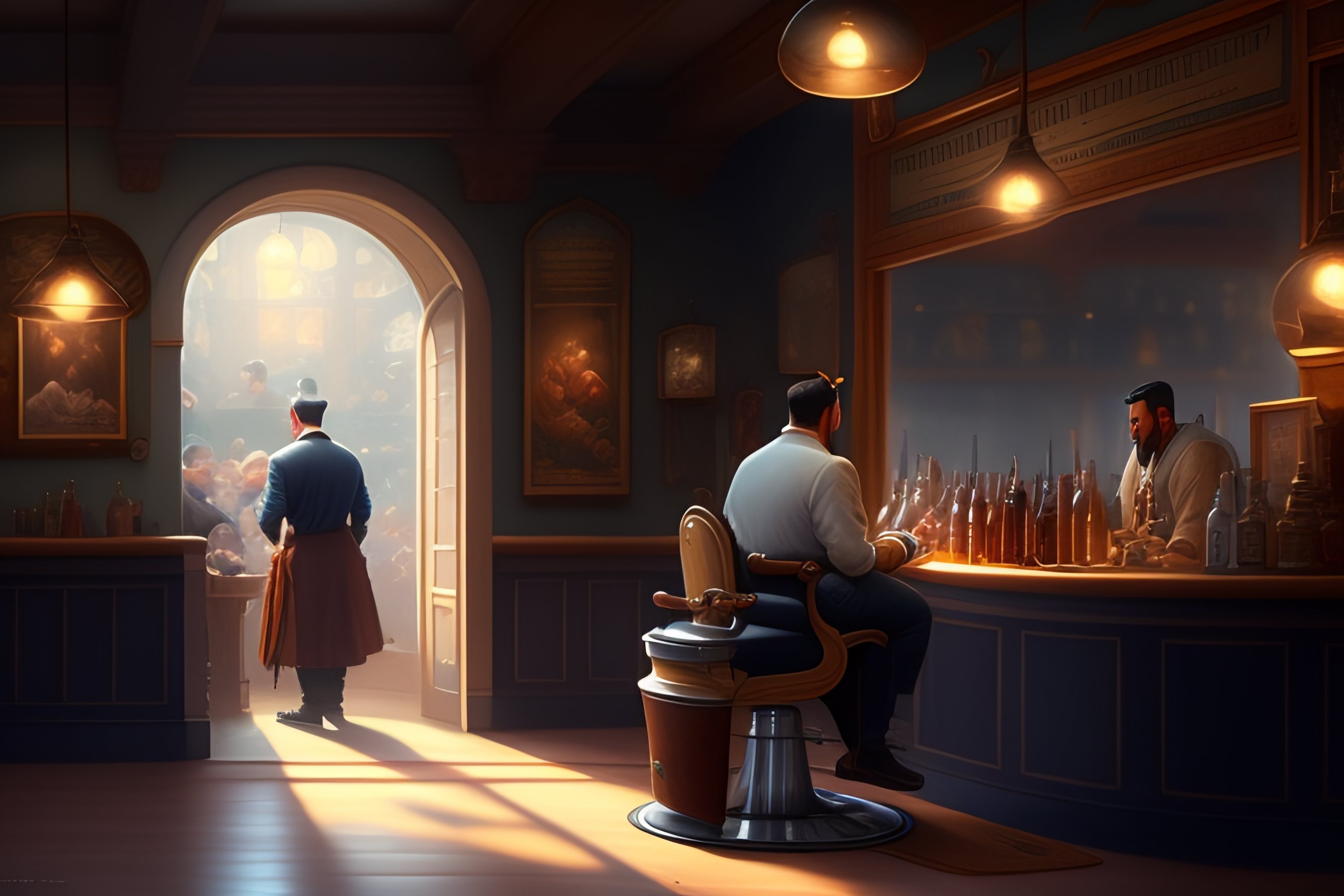 Lexica - A customer and a barber in a barber shop illustrator, by ...