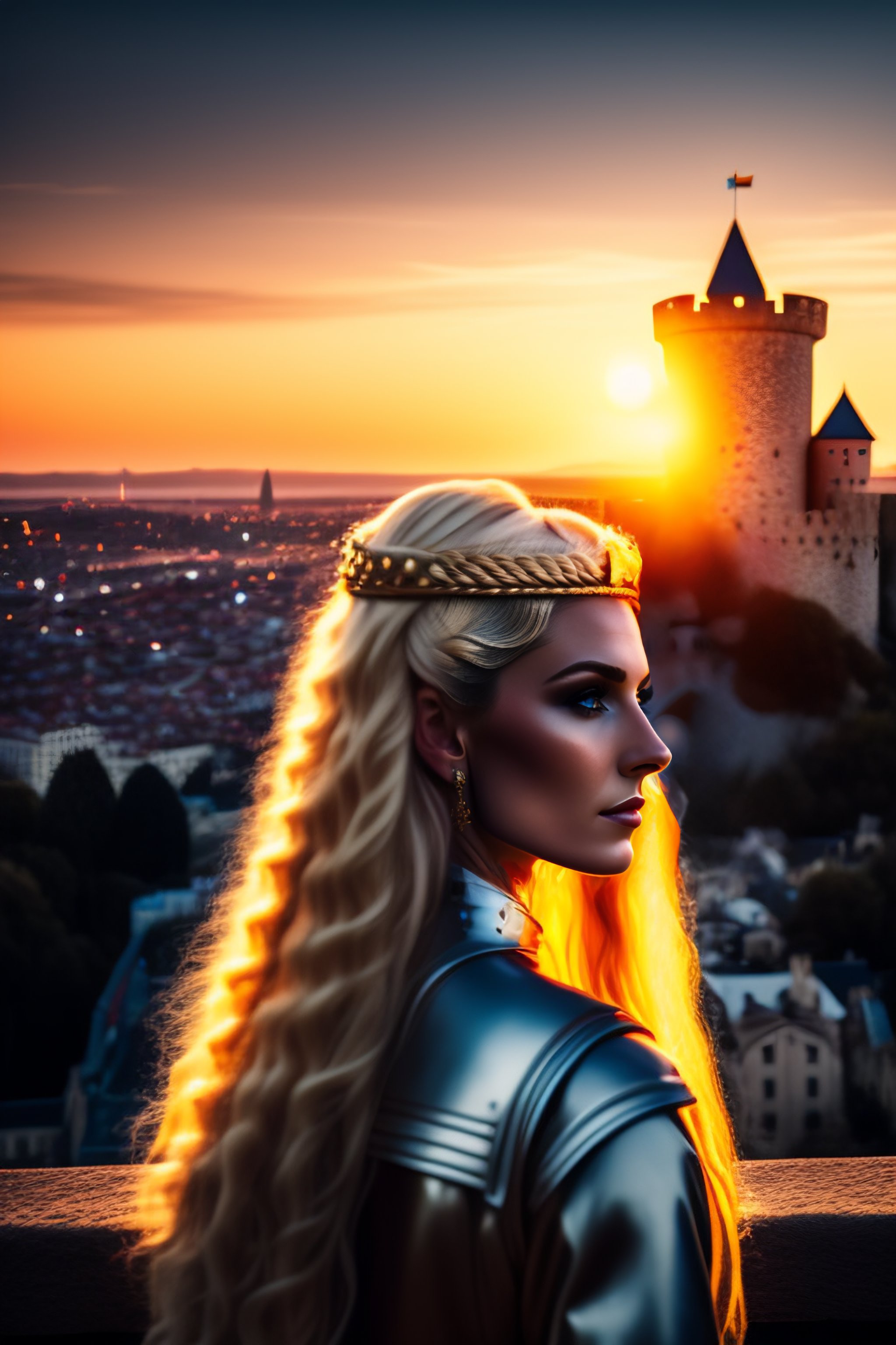 Lexica - Portrait of a beautiful blond queen on top of a castle looking ...