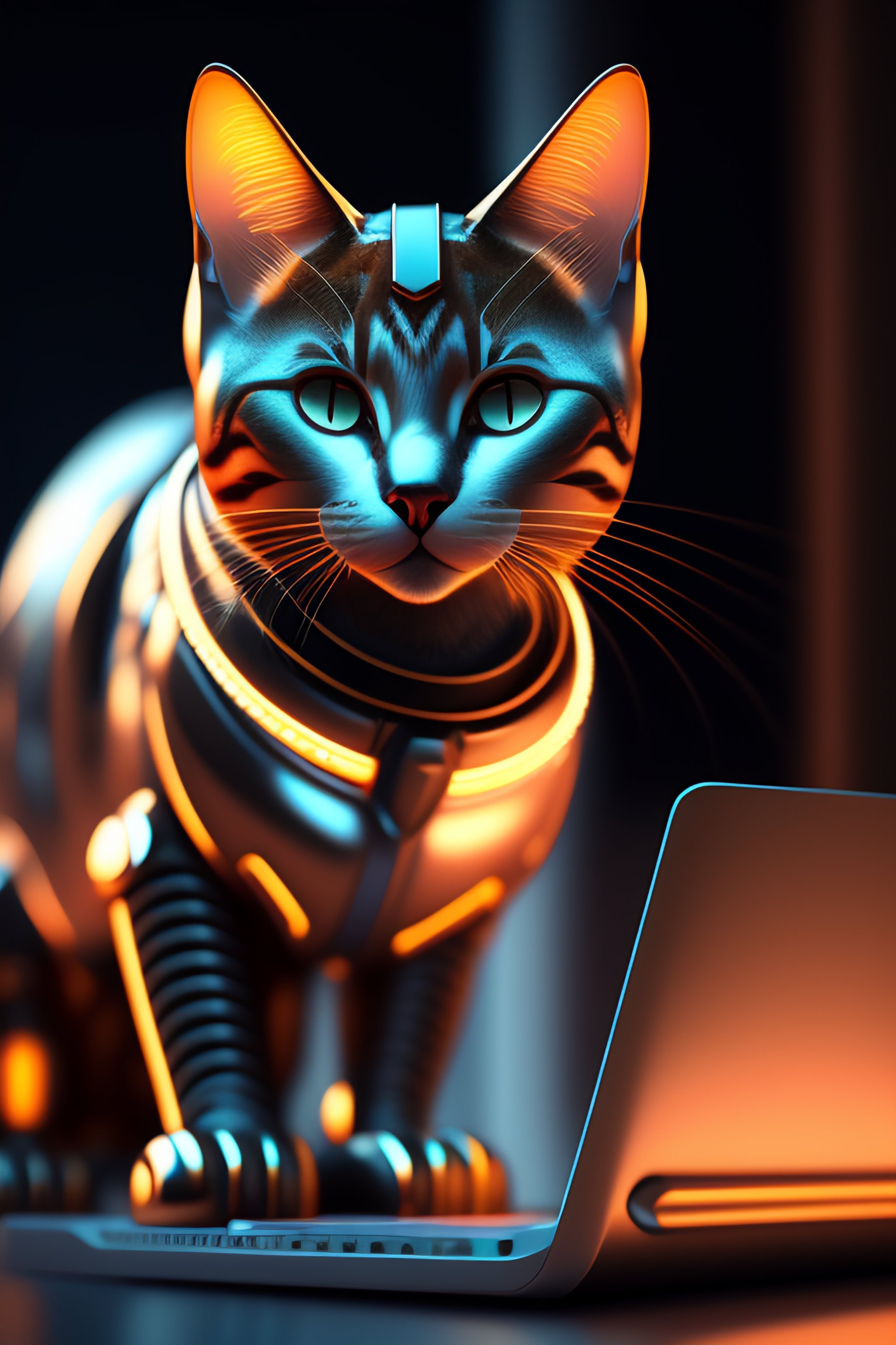 Lexica - Feline sentient robot,working on a laptop inspired by mario ...