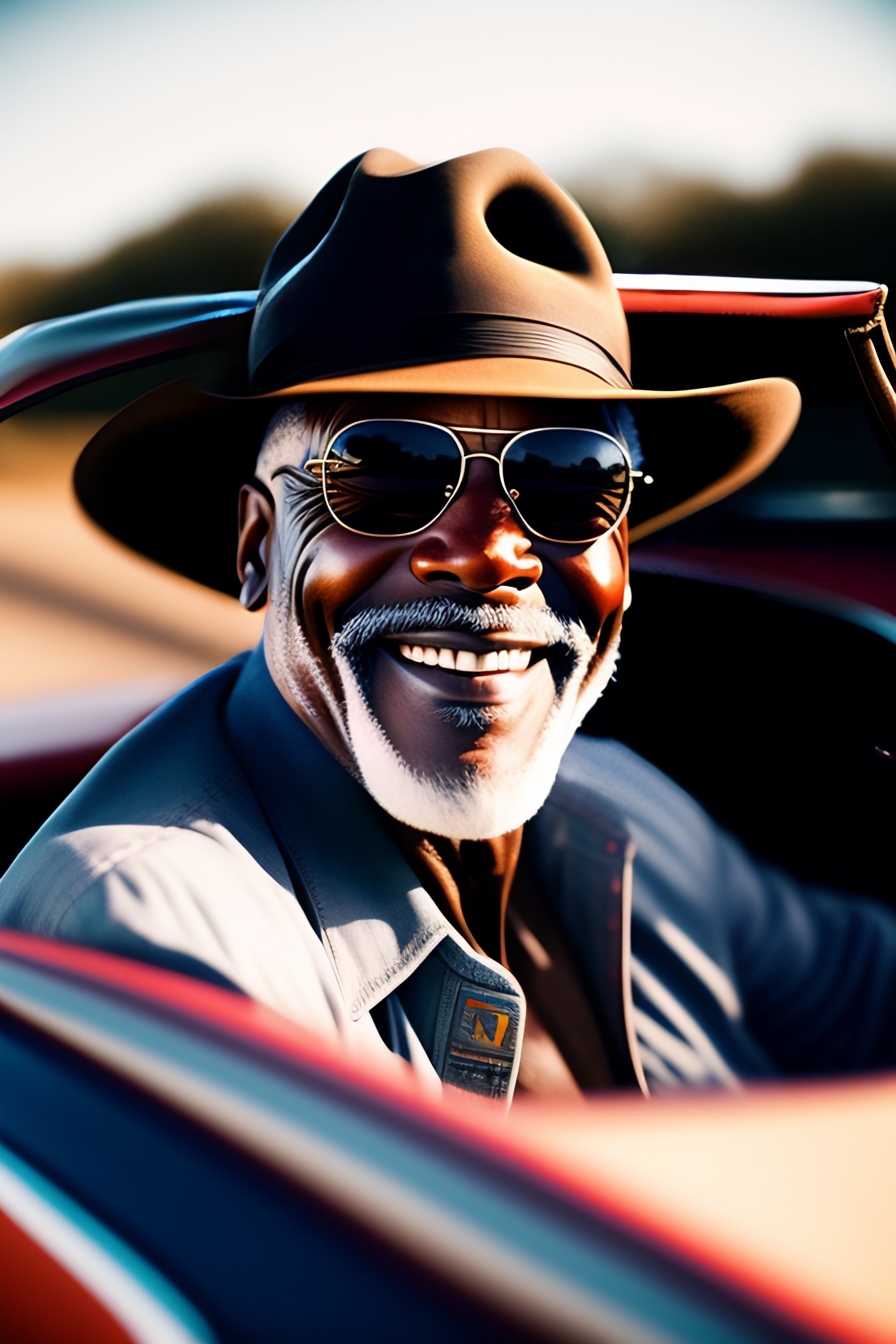 Lexica - Old bald black man with a grey beard, driving a red 1960 ...