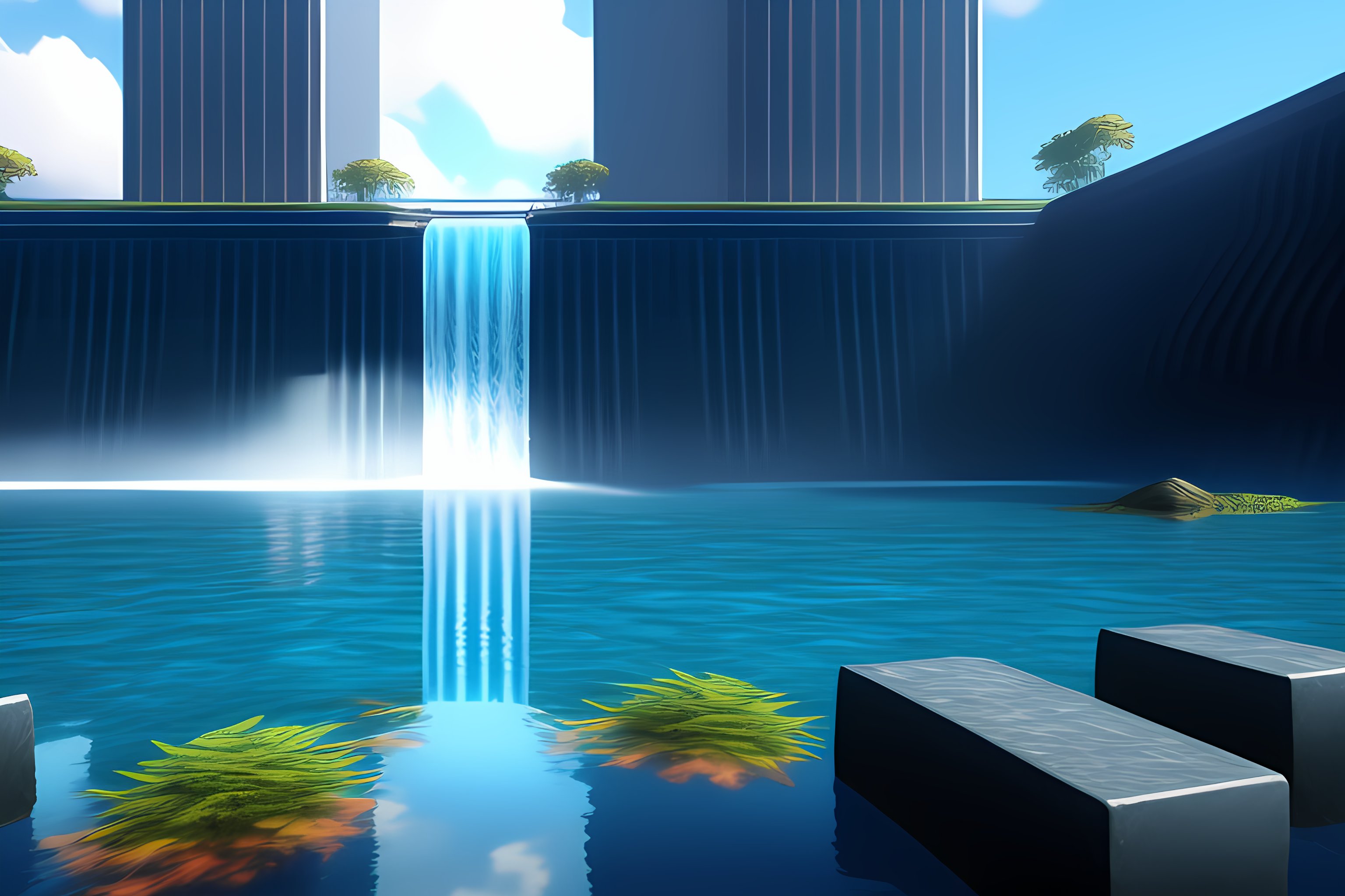 Lexica - Dam cracked, clear blue water flooding, flooded office ...